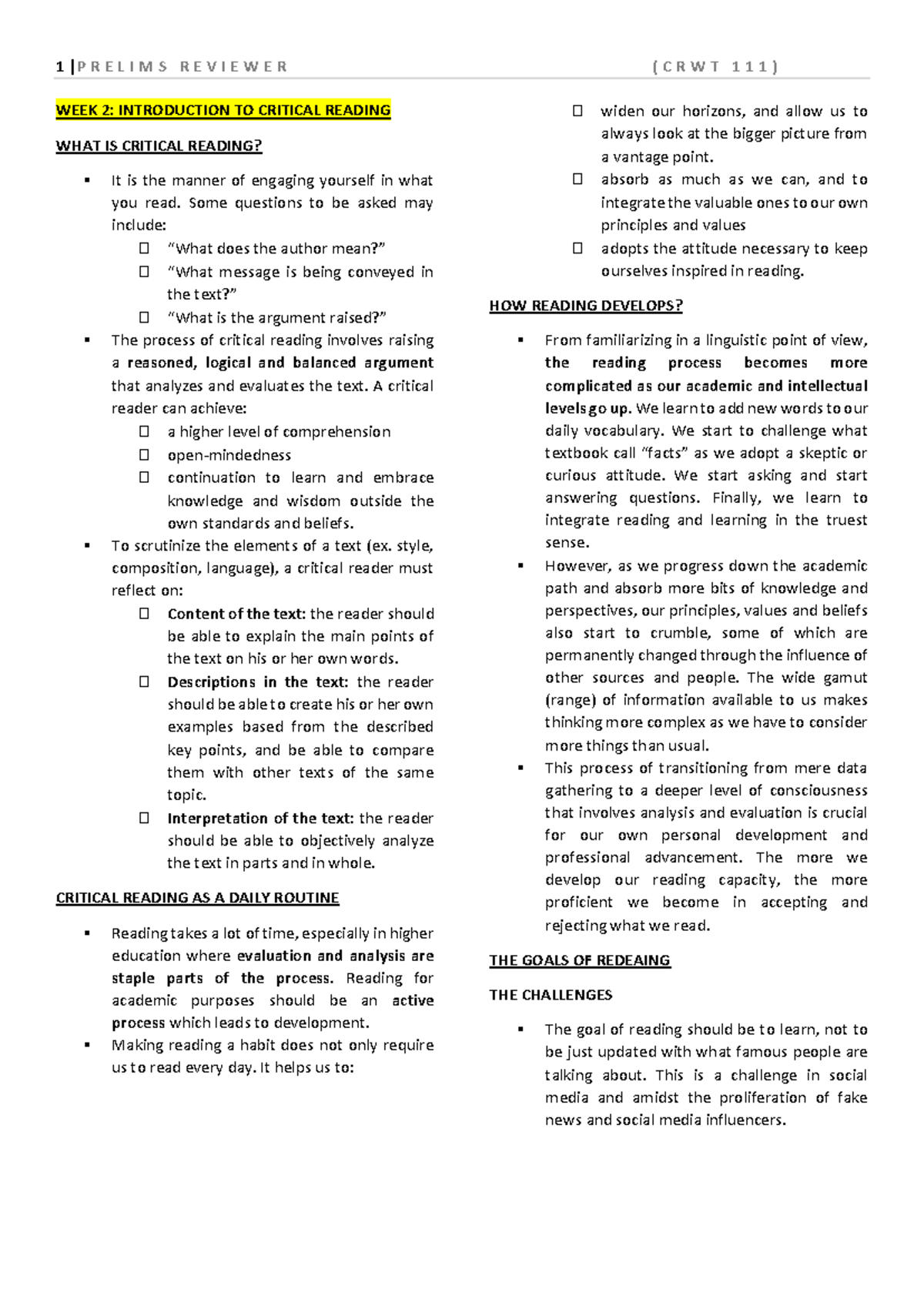 CRWT111- Prelims- Reviewer - WEEK 2: INTRODUCTION TO CRITICAL READING ...