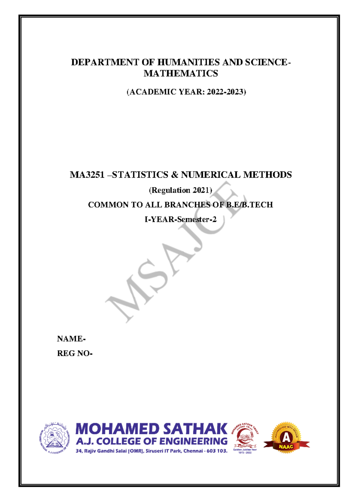 MA3251-LN - Statistics and numerical calculas - DEPARTMENT OF ...