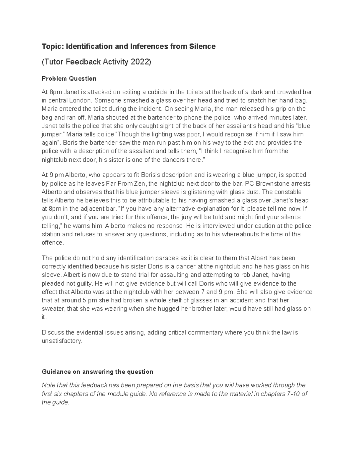 Formative Assesment questions evidence - Topic: Identification and ...