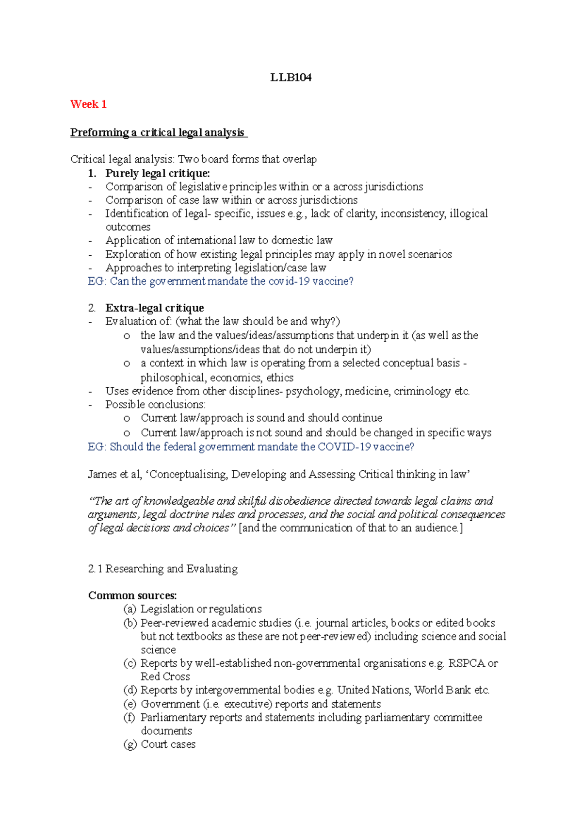 LLB104 - LLB Week 1 Preforming a critical legal analysis Critical legal ...
