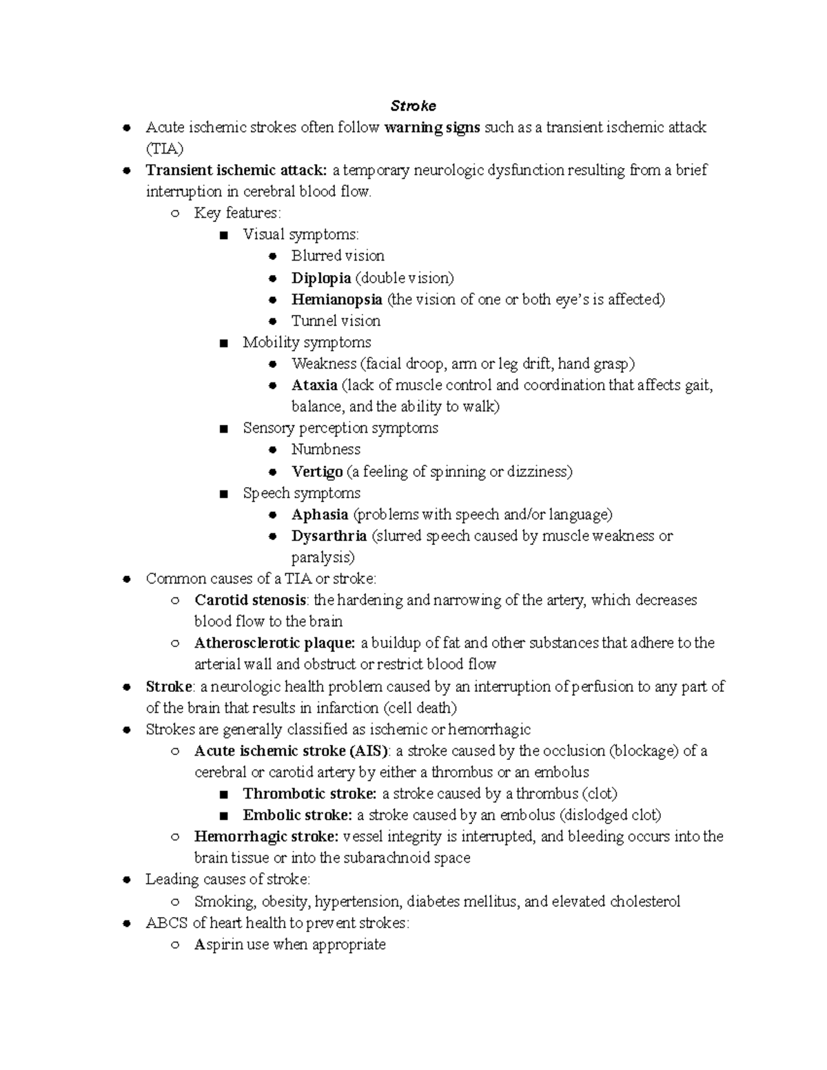 Chapter 41 Stroke - Notes - Stroke Acute ischemic strokes often follow ...
