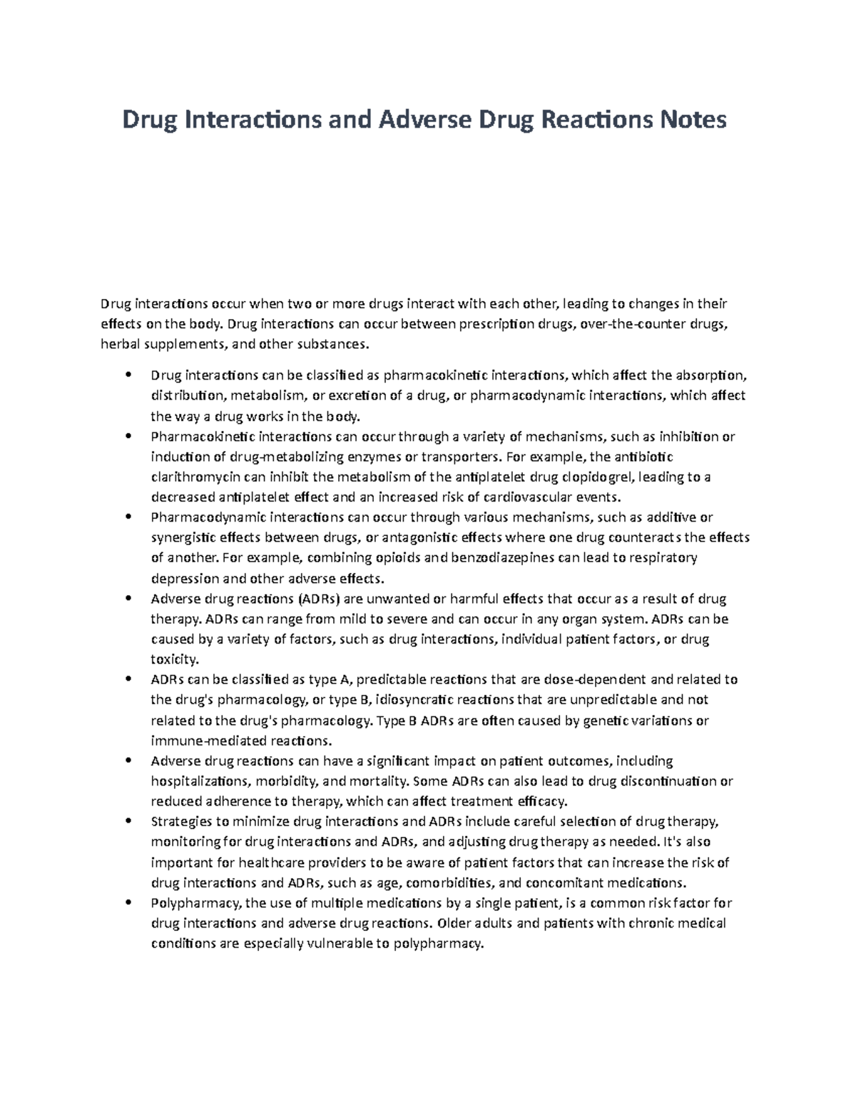 Drug Interactions and Adverse Drug Reactions Notes - Drug interactions ...