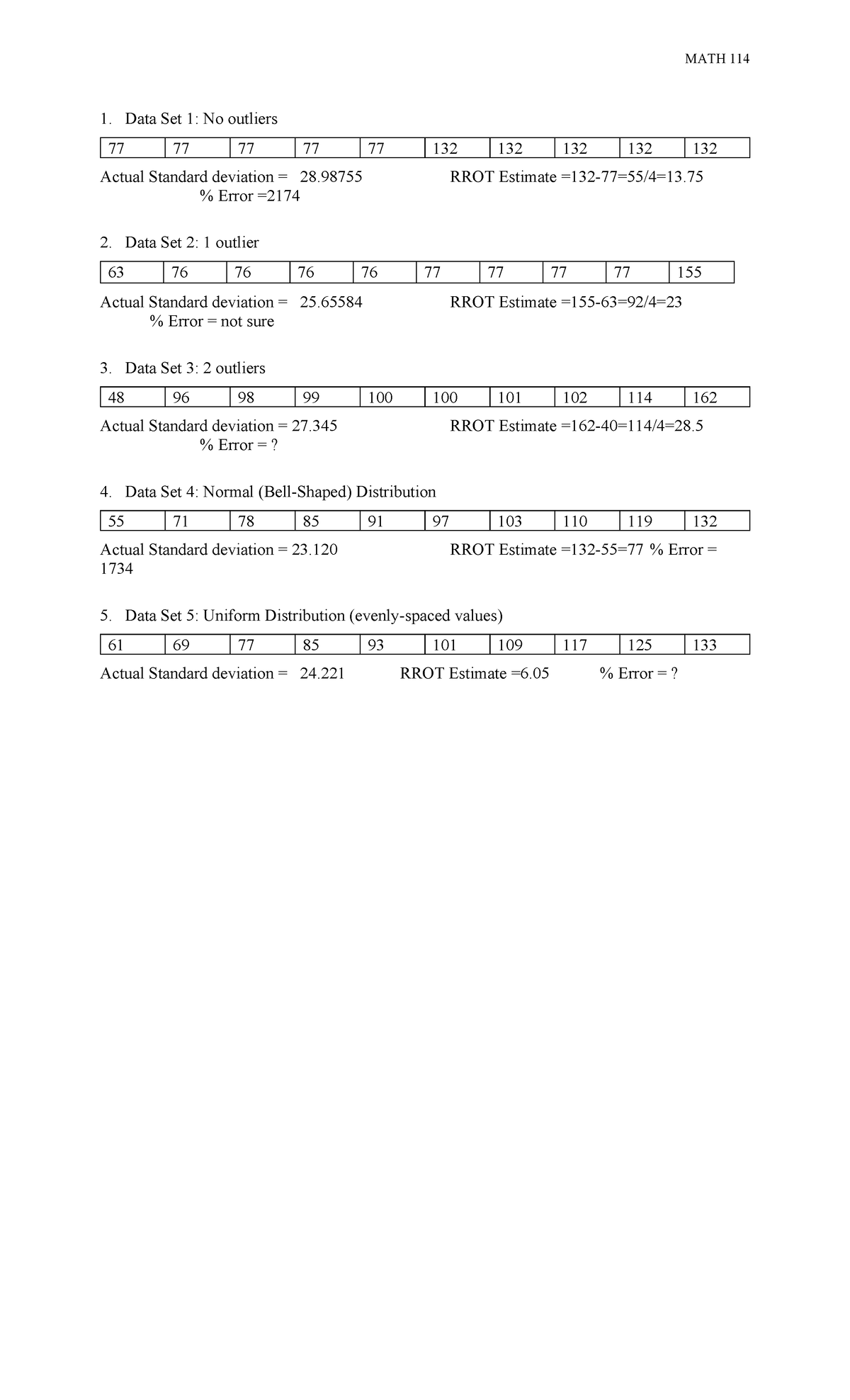 Project Standard Deviation, RROT, and Percentage Error Assignment Instructions brinkley - MATH ...