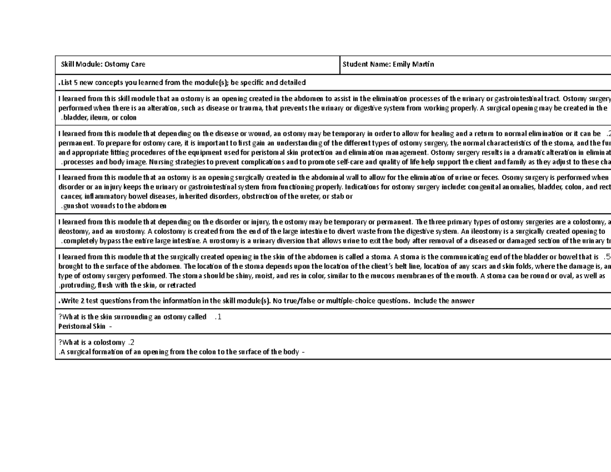 Ostomy Care Skill - Skill Module: Ostomy Care Student Name: Emily ...