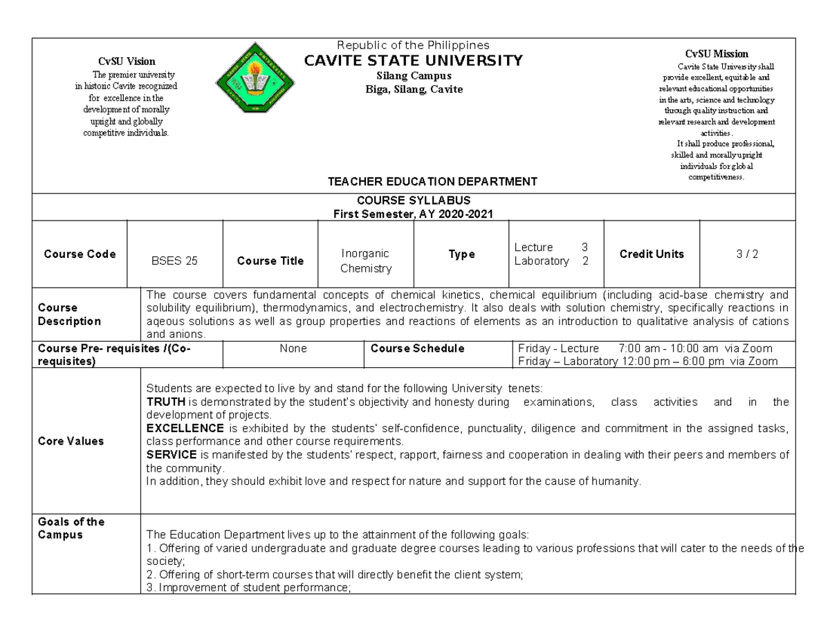BSES 25 - Course Syllabi - Republic of the Philippines CAVITE STATE ...