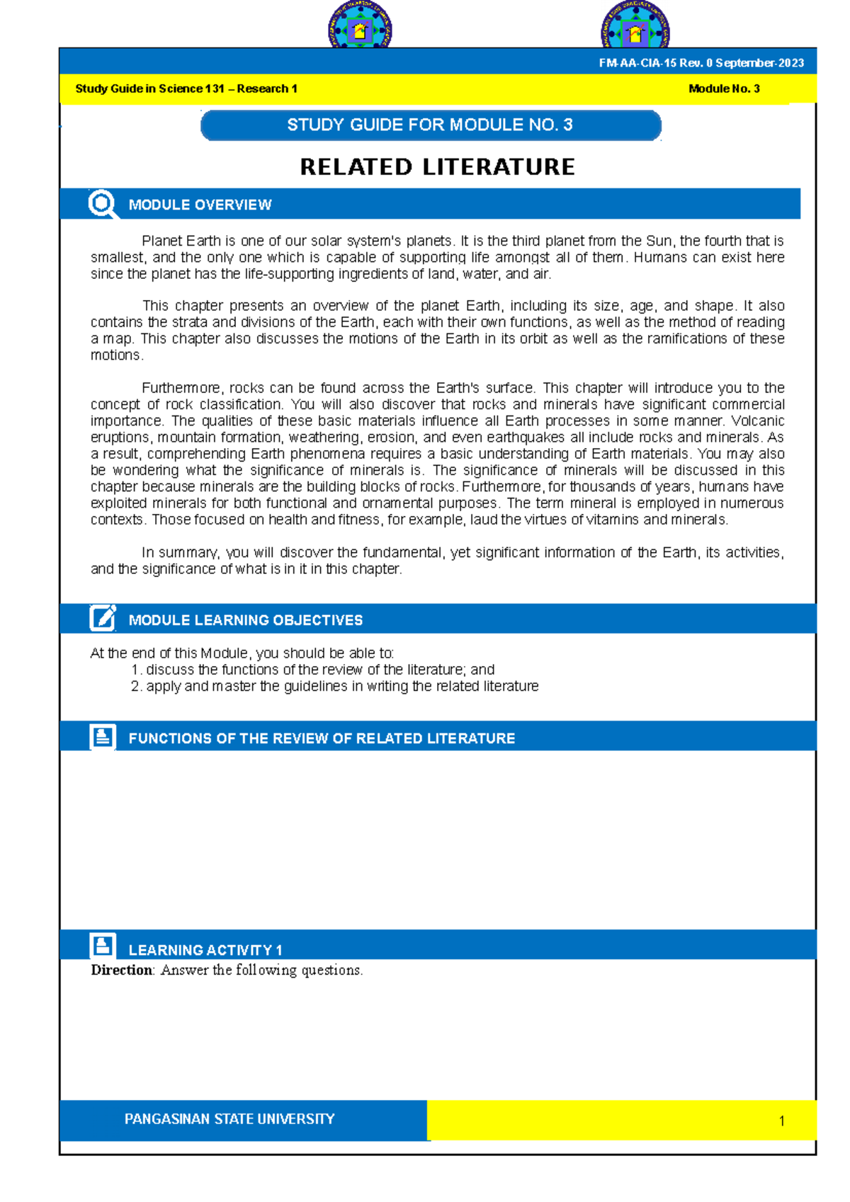 Study- Guide Module 3 - RELATED LITERATURE MODULE OVERVIEW Planet Earth ...