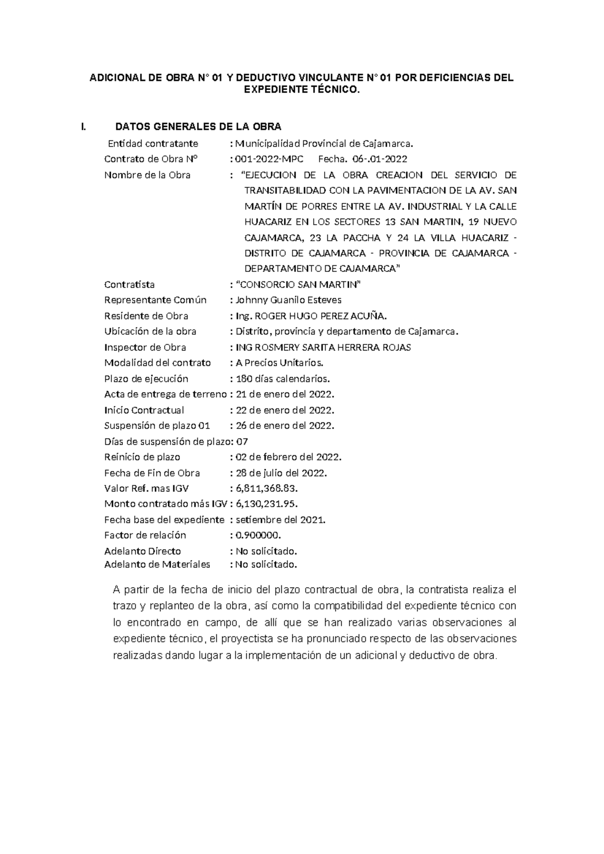 01. Memoria descriptiva - ADICIONAL DE OBRA N° 01 Y DEDUCTIVO VINCULANTE N° 01 POR DEFICIENCIAS ...
