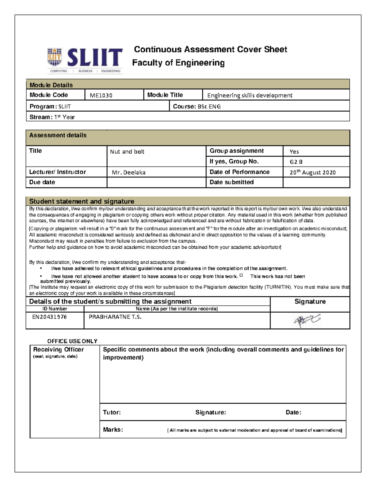 EN20431976 nut and bolt - Continuous Assessment Cover Sheet Faculty of ...