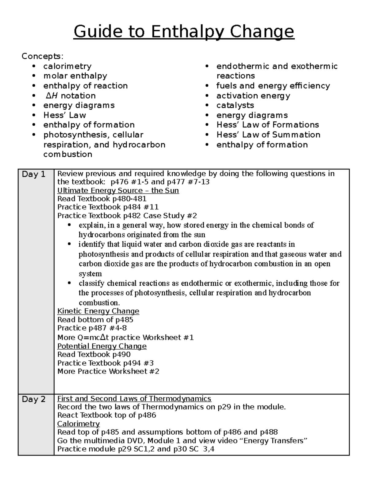 Guide to Enthalpy - Course outline with pages in the textbook - Guide ...
