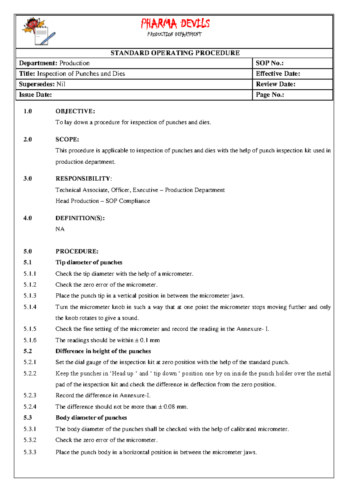 SOP for Inspection of Punches and Dies - STANDARD OPERATING PROCEDURE ...