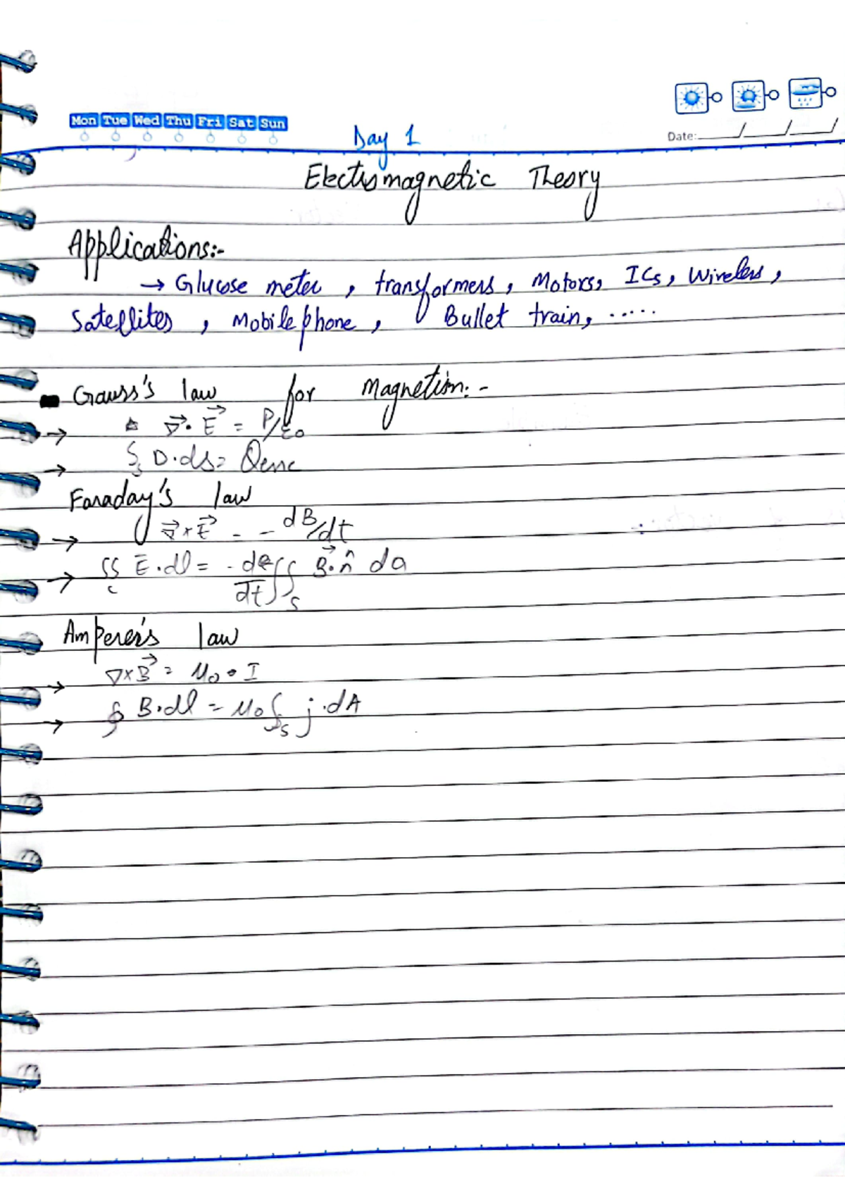 EMT Notes - Mon Tue Wed Thu Fri Sat Sun Day 1 Date: Electromagnetic ...
