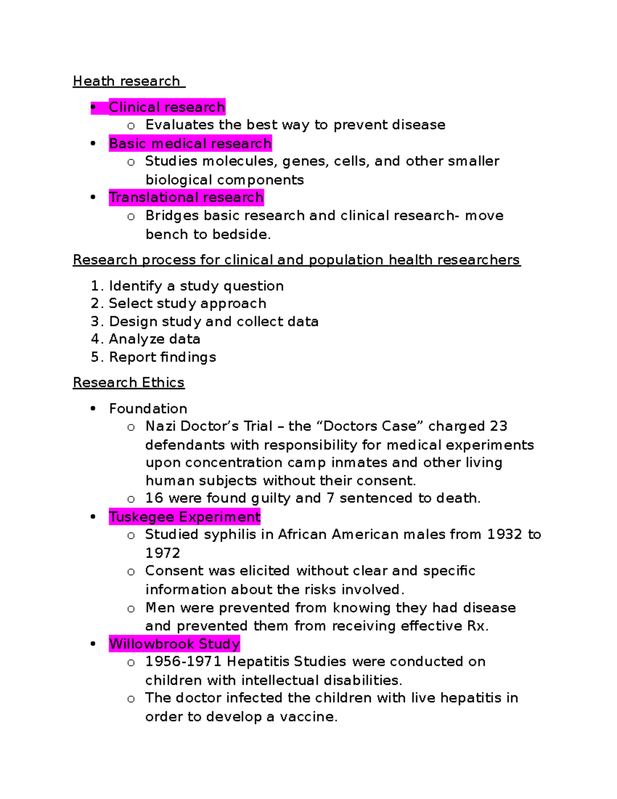 Research Process Notes 08-25-22 - Heath research Clinical research o ...