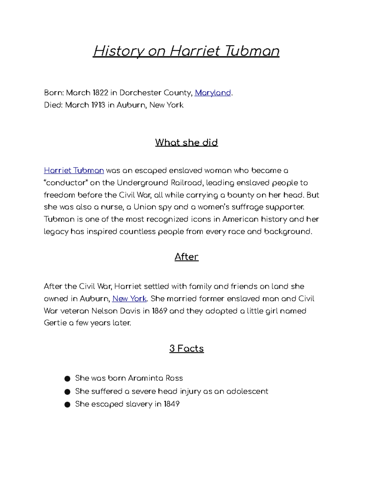 Harriet Tubman Project - History on Harriet Tubman Born: March 1822 in ...