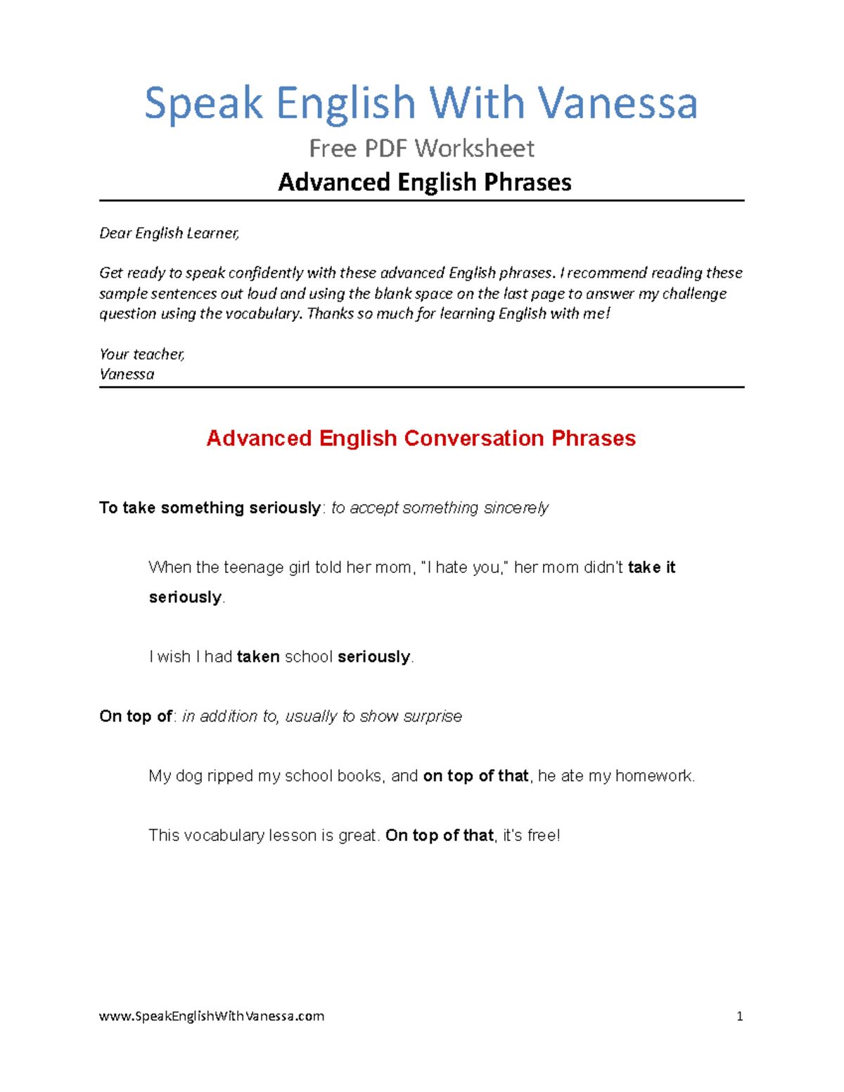 15 Advanced English Phrases Speak English With Vanessa - Speak English With Vanessa Free PDF ...