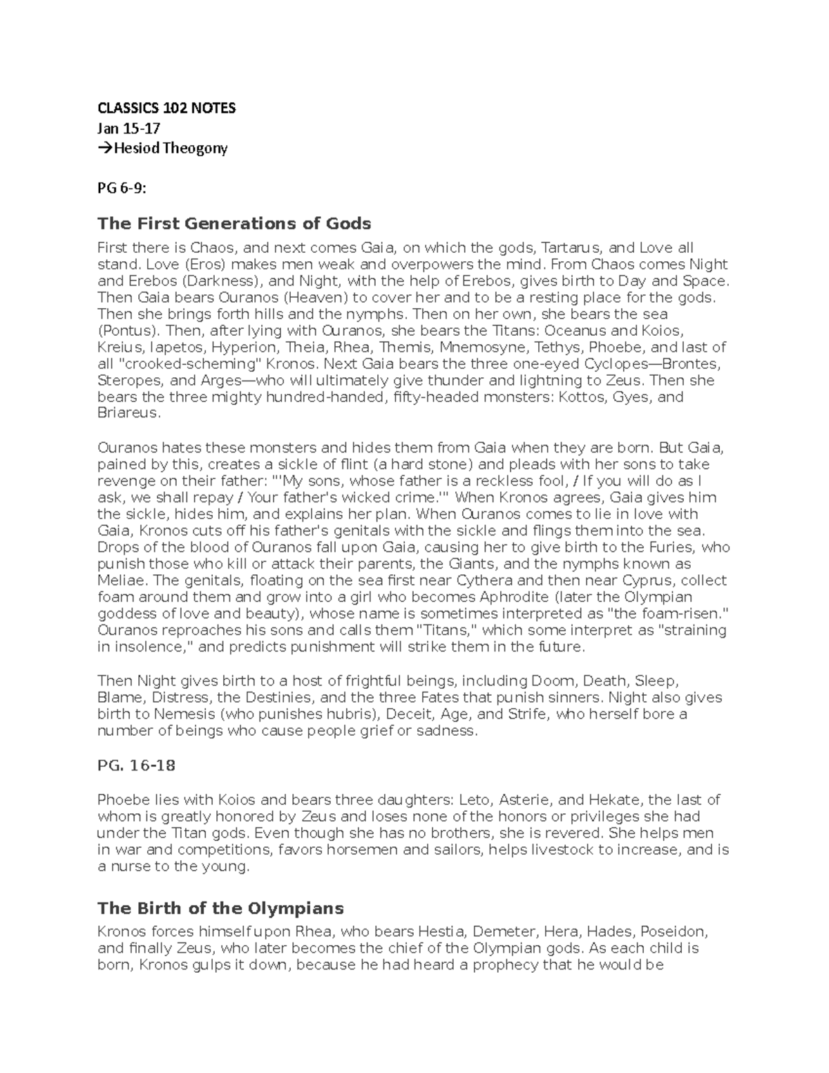 Extra Notes - CLASSICS 102 NOTES Jan Theogony PG The First Generations ...