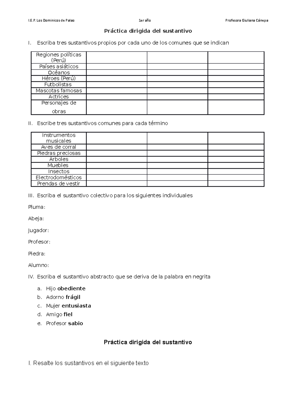 Practica dirigida del sustantivo -1ro - I.E. Los Dominicos de Palao 1er ...