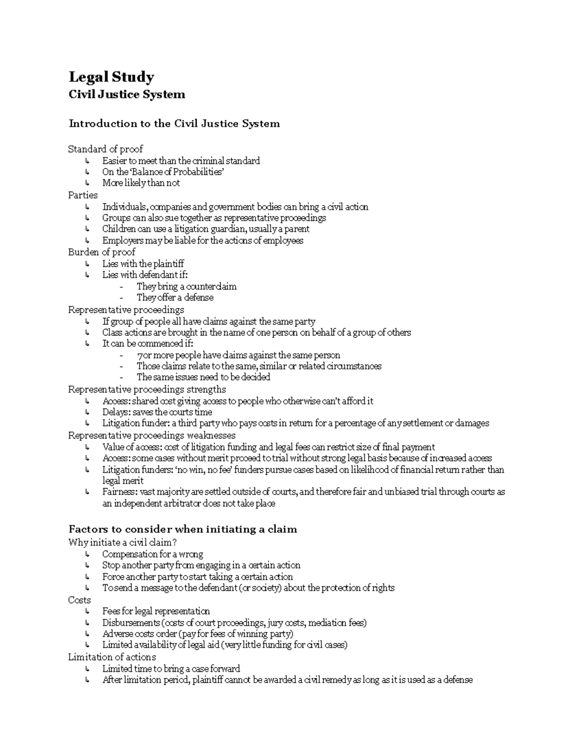 Legal Studies - Year 12 Civil Justice System Notes - Legal Study Civil ...