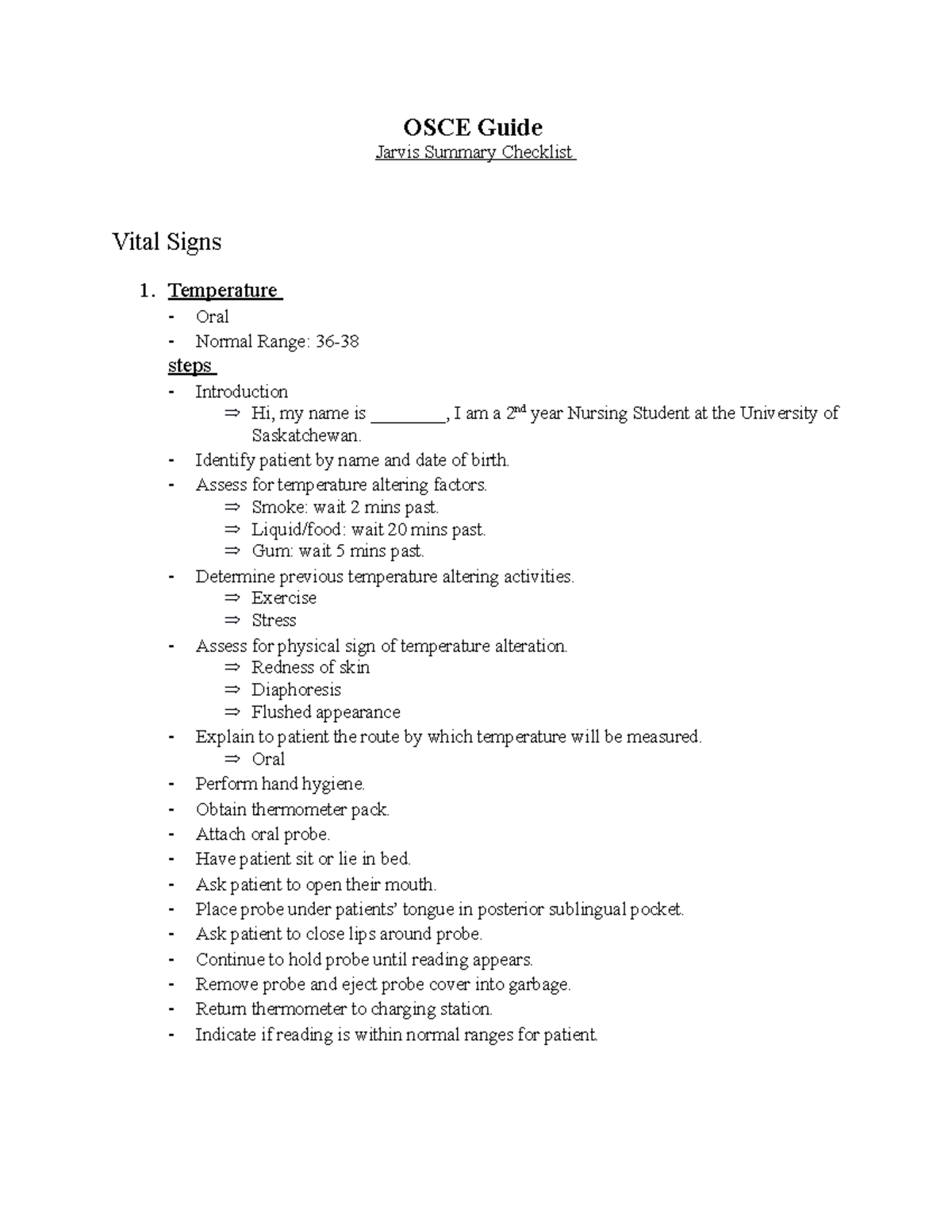 OSCE Vital Signs Guide (202) - OSCE Guide Jarvis Summary Checklist ...