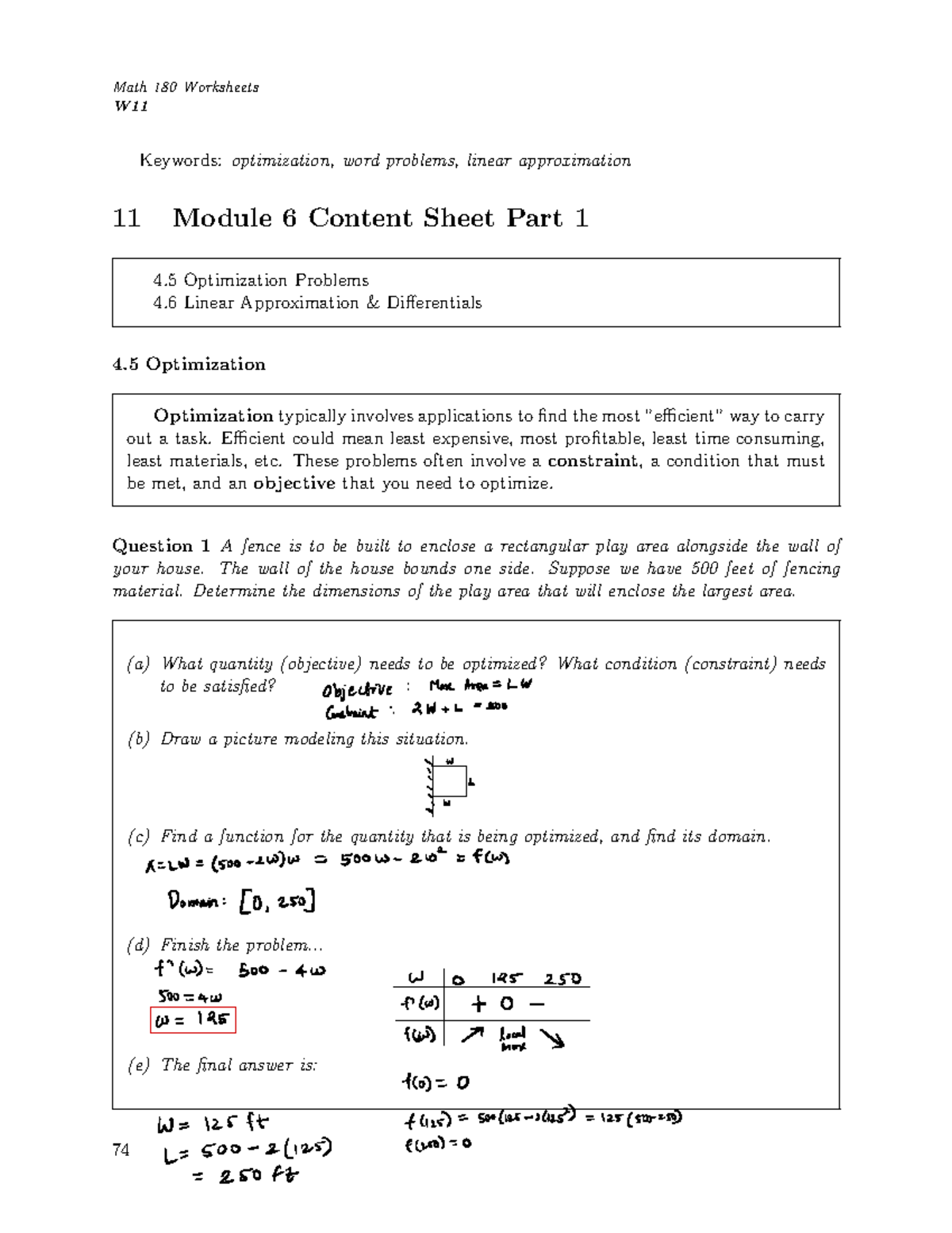 Module 6 Content Sheet Part 1 - W Keywords: optimization, word problems, linear approximation 11 ...