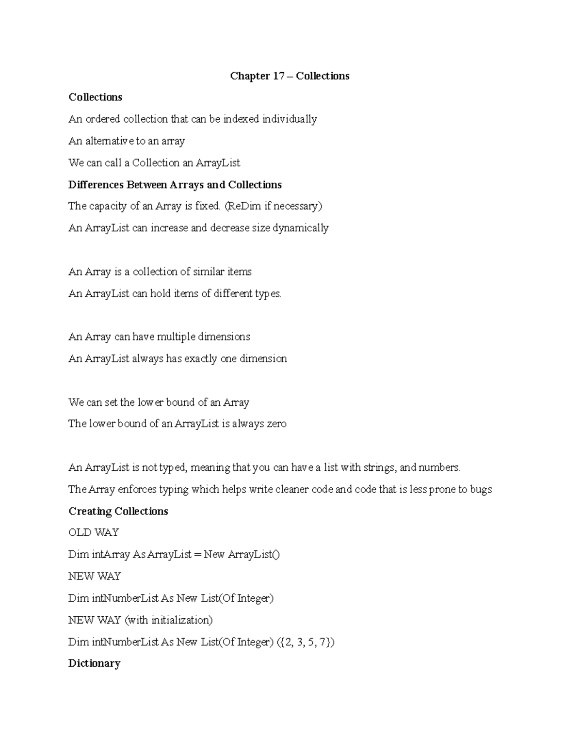 Chapter 17 - Collections Notes - Chapter 17 – Collections Collections ...