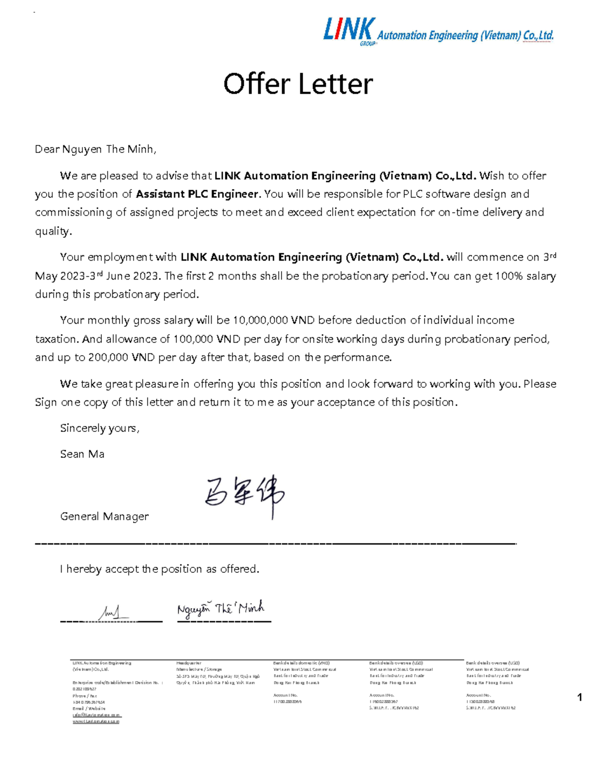 Offer for Nguyễn Thế Minh - Offer Letter Dear Nguyen The Minh, We are ...