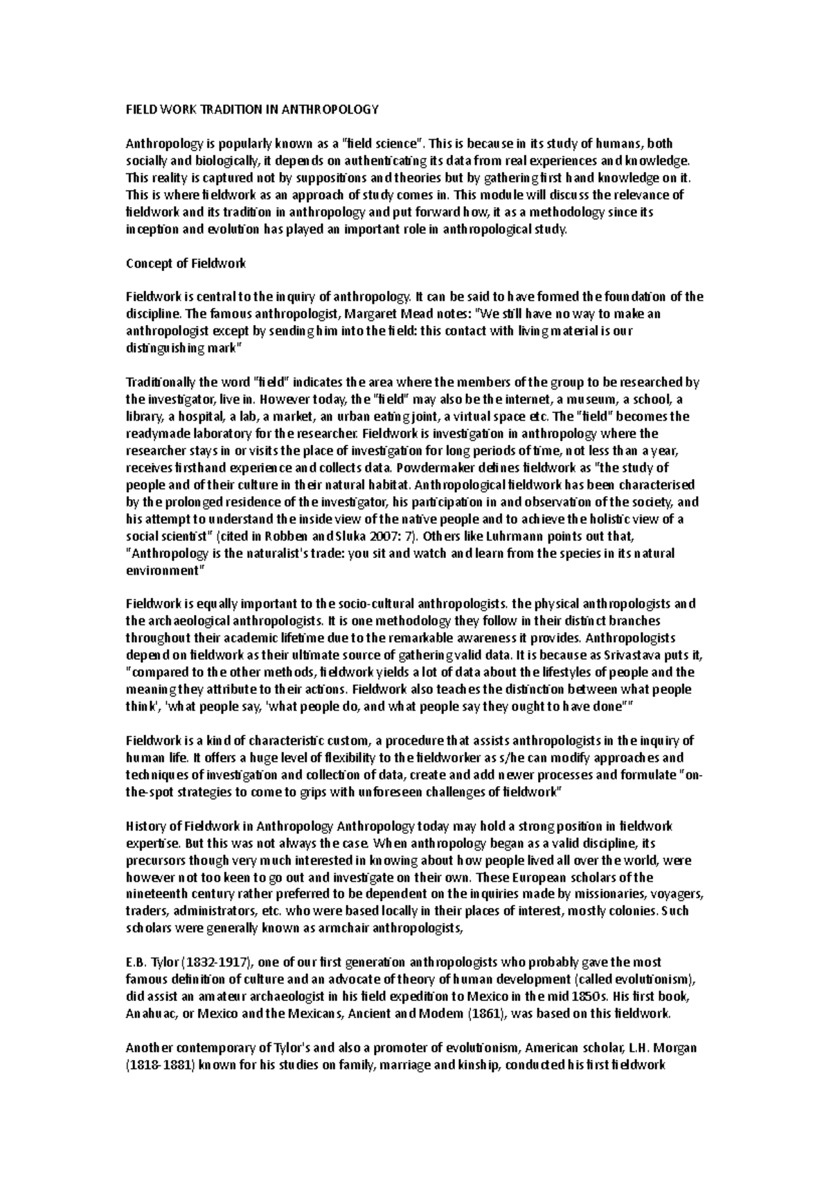 FIELD WORK TRADITION IN ANTHROPOLOGY - FIELD WORK TRADITION IN ...