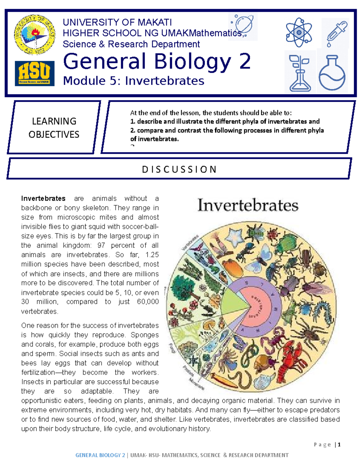 Genbio 2 Module 5 Invertebrata - Invertebrates are animals without a ...