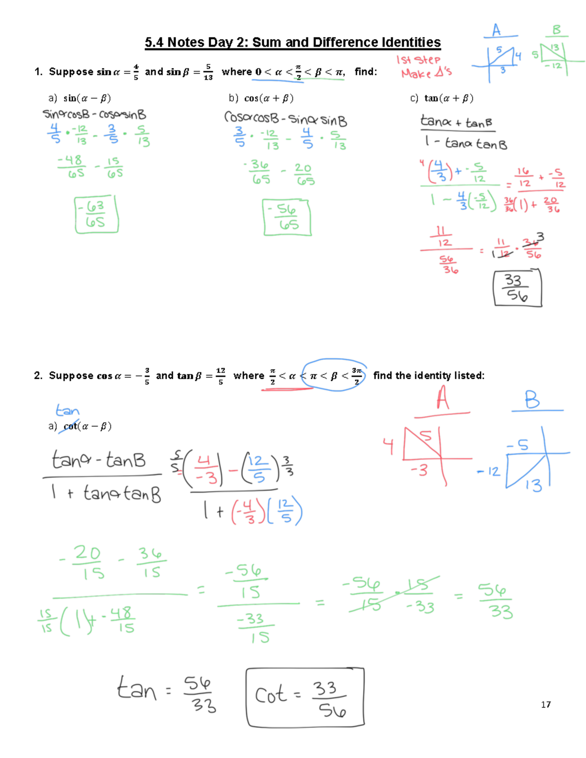 5.4 Day 2 Notes Key - 17 5 Notes Day 2: Sum and Difference Identities ...