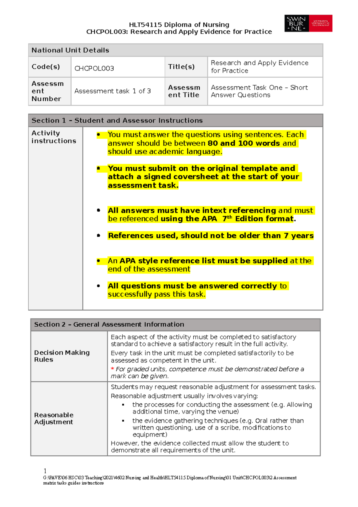 Chcpol 003 AT1 Short Answer Questions 2 1 - National Unit Details Code(s) CHCPOL003 Title(s ...