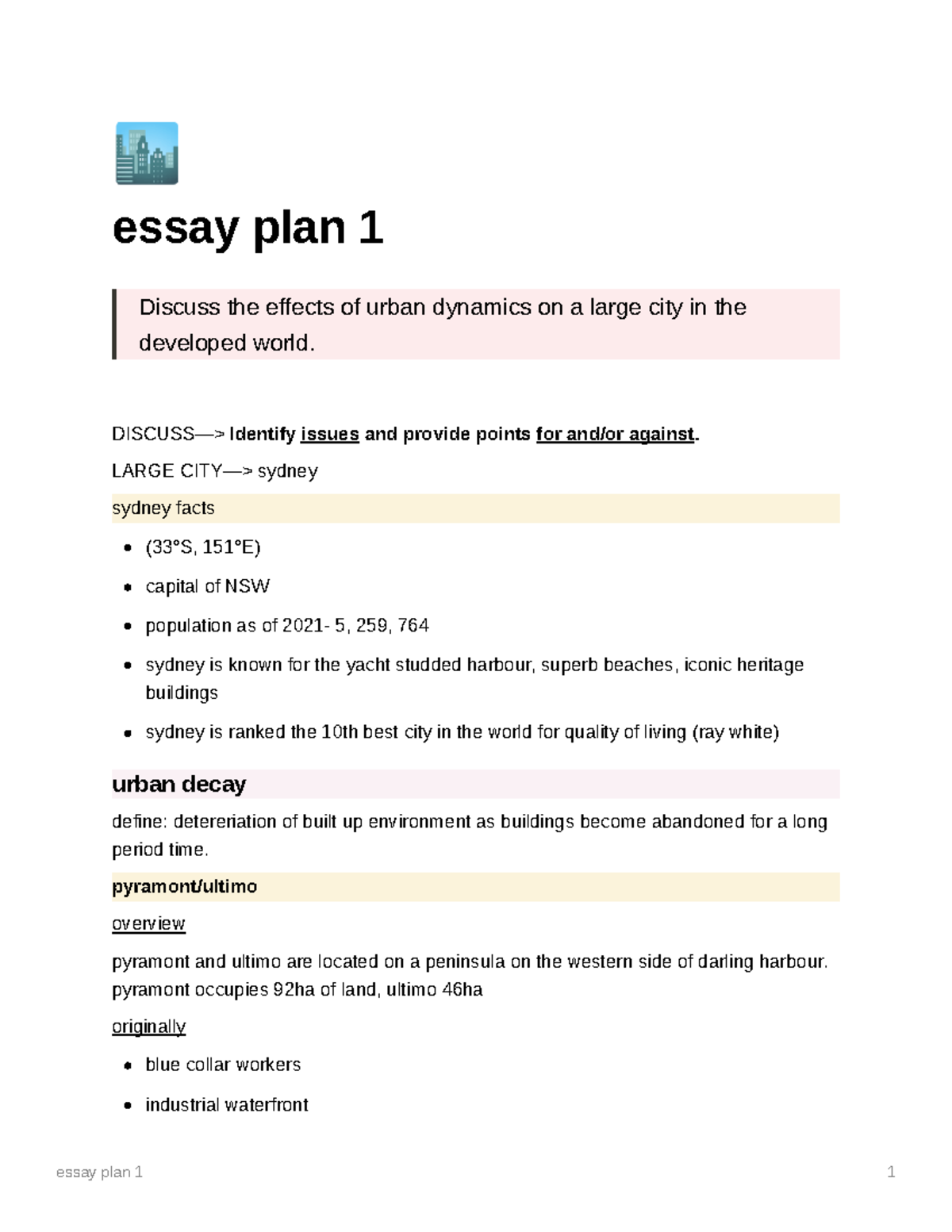 Sydney essay plan - É essay plan 1 Discuss the effects of urban ...