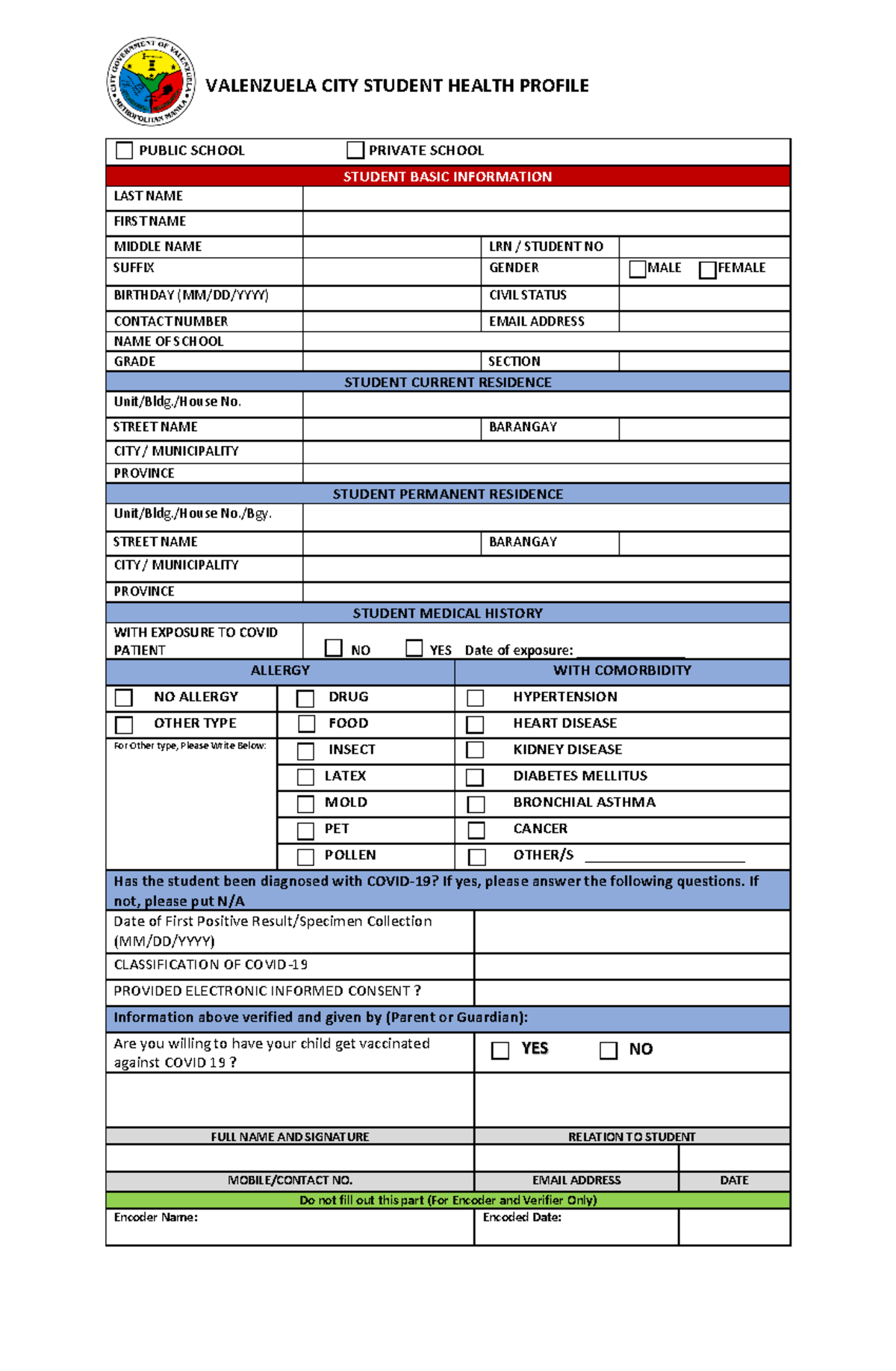 VC Student Health Profile Form - VALENZUELA CITY STUDENT HEALTH PROFILE ...