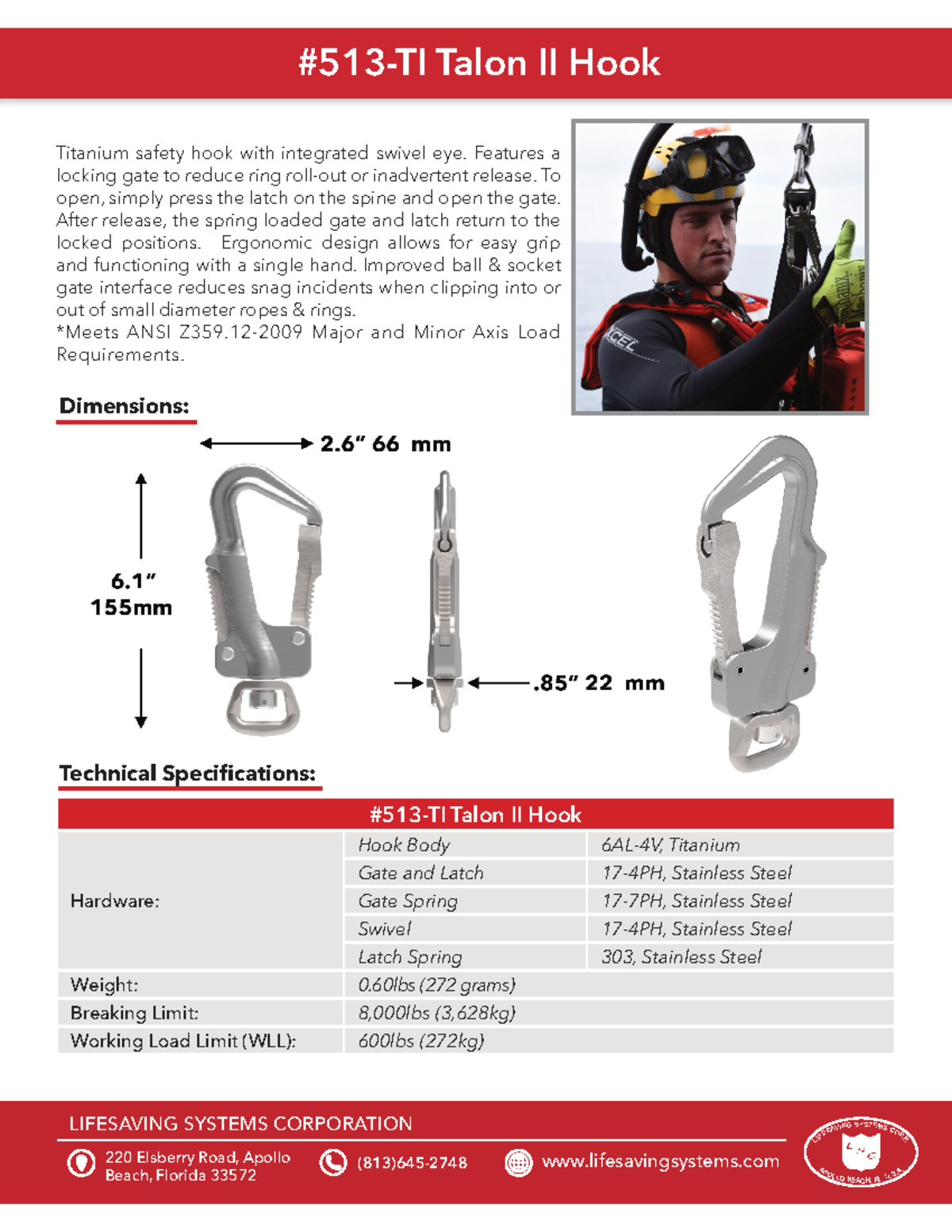Talon hook - Equipment info - #513-TI Talon II Hook LIFESAVING SYSTEMS ...