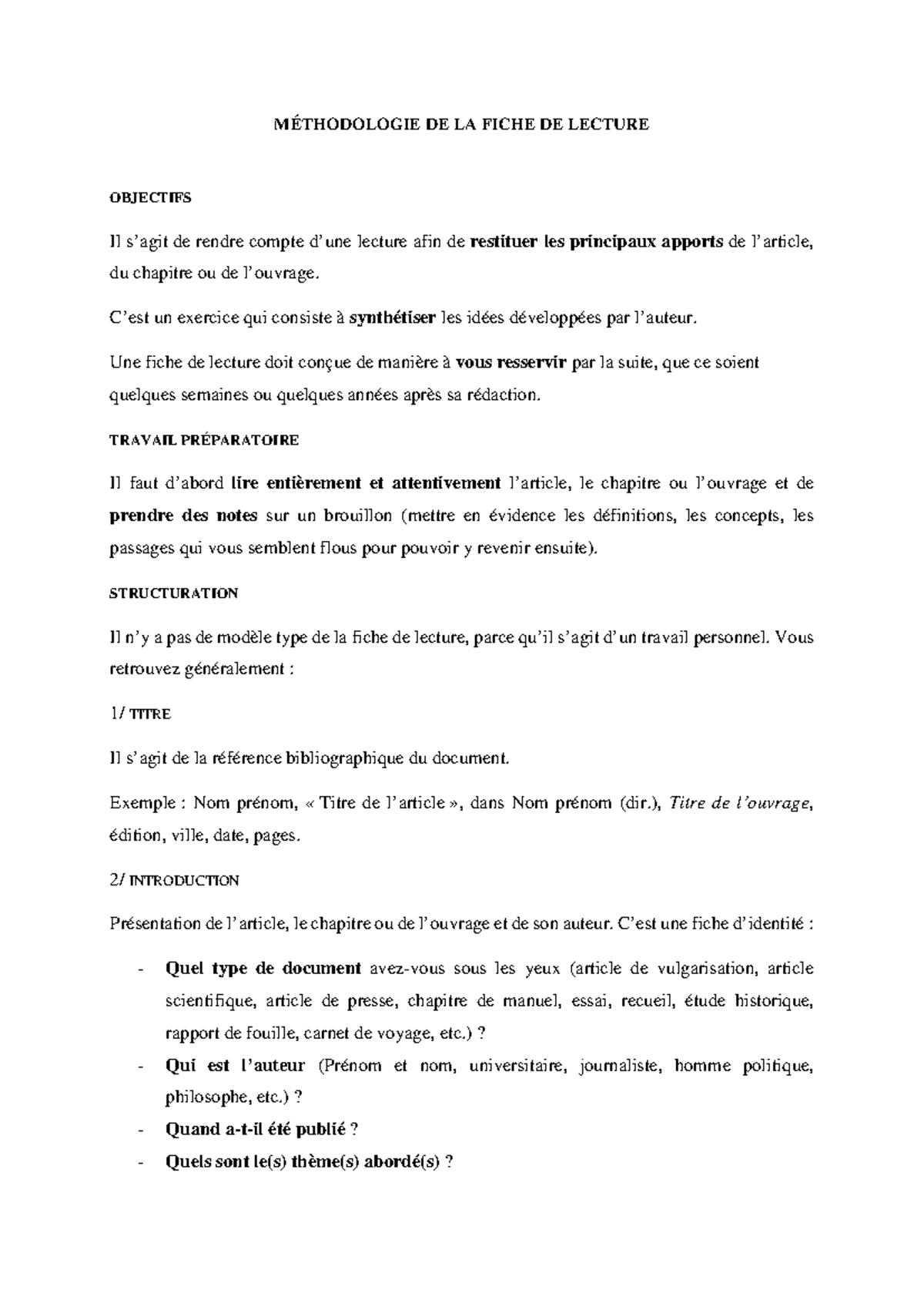 Methode Fiche de lecture - MÉTHODOLOGIE DE LA FICHE DE LECTURE ...