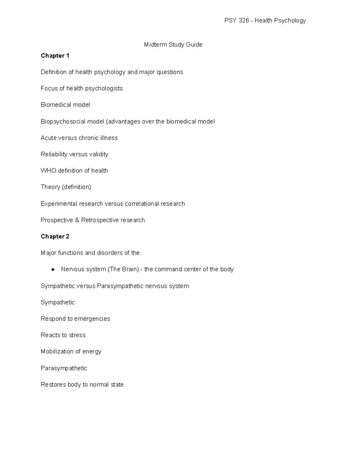 PSY 326 Midterm Study Guide - PSY 326 - Health Psychology Midterm Study Guide Chapter 1 ...