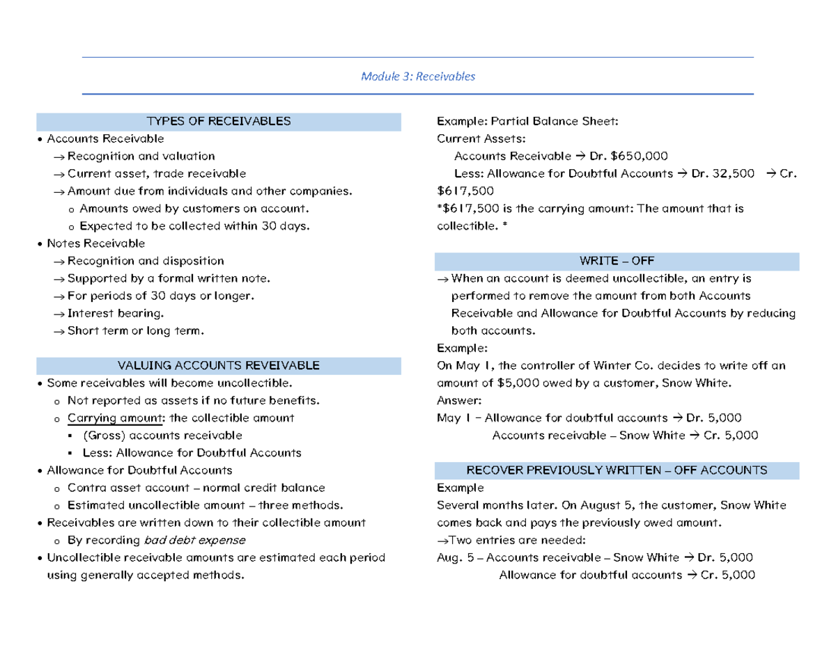 ACCT 2071 - Module 3 Notes - Module 3: Receivables TYPES OF RECEIVABLES ...