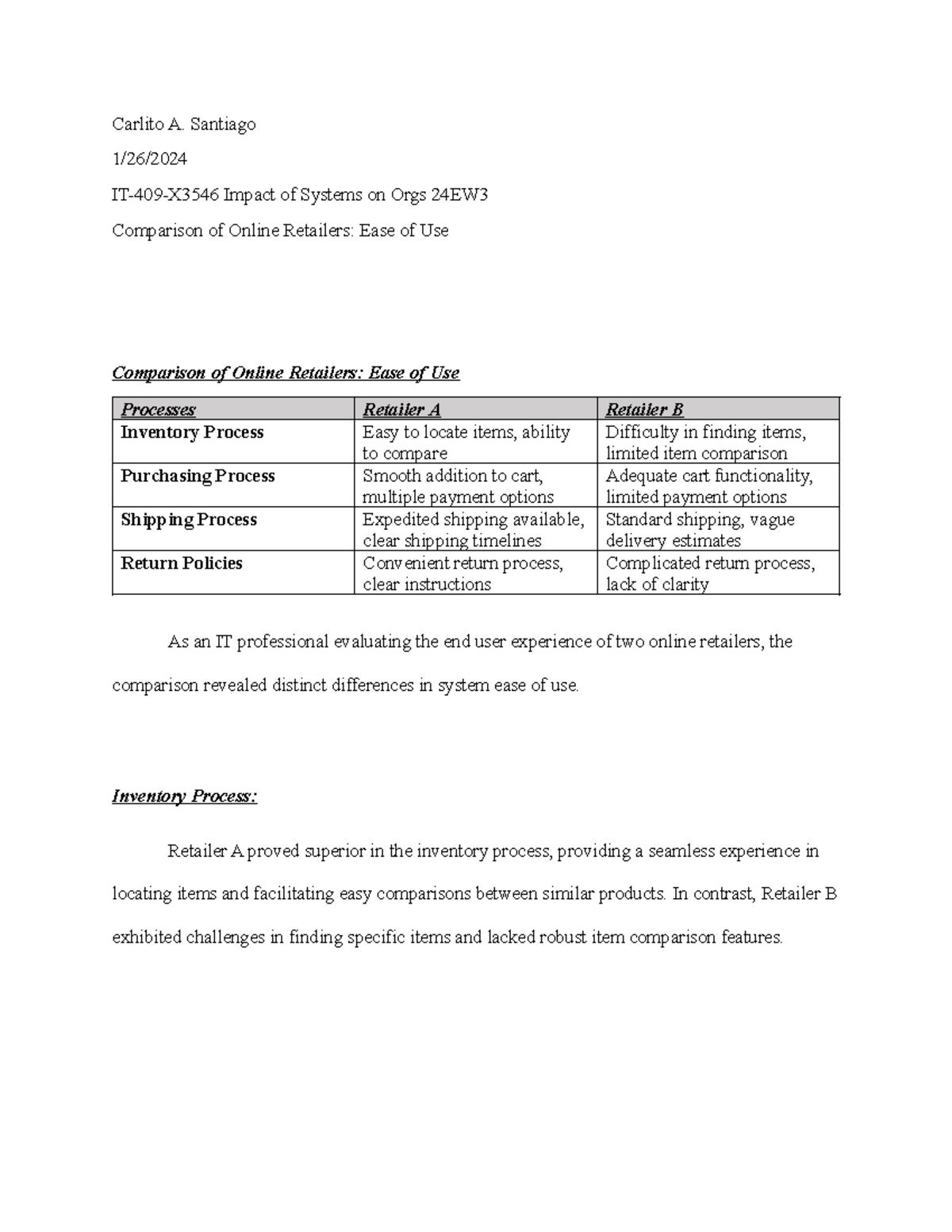 IT 409 Module Three Activity - Carlito A. Santiago 1/26/ IT-409-X3546 ...