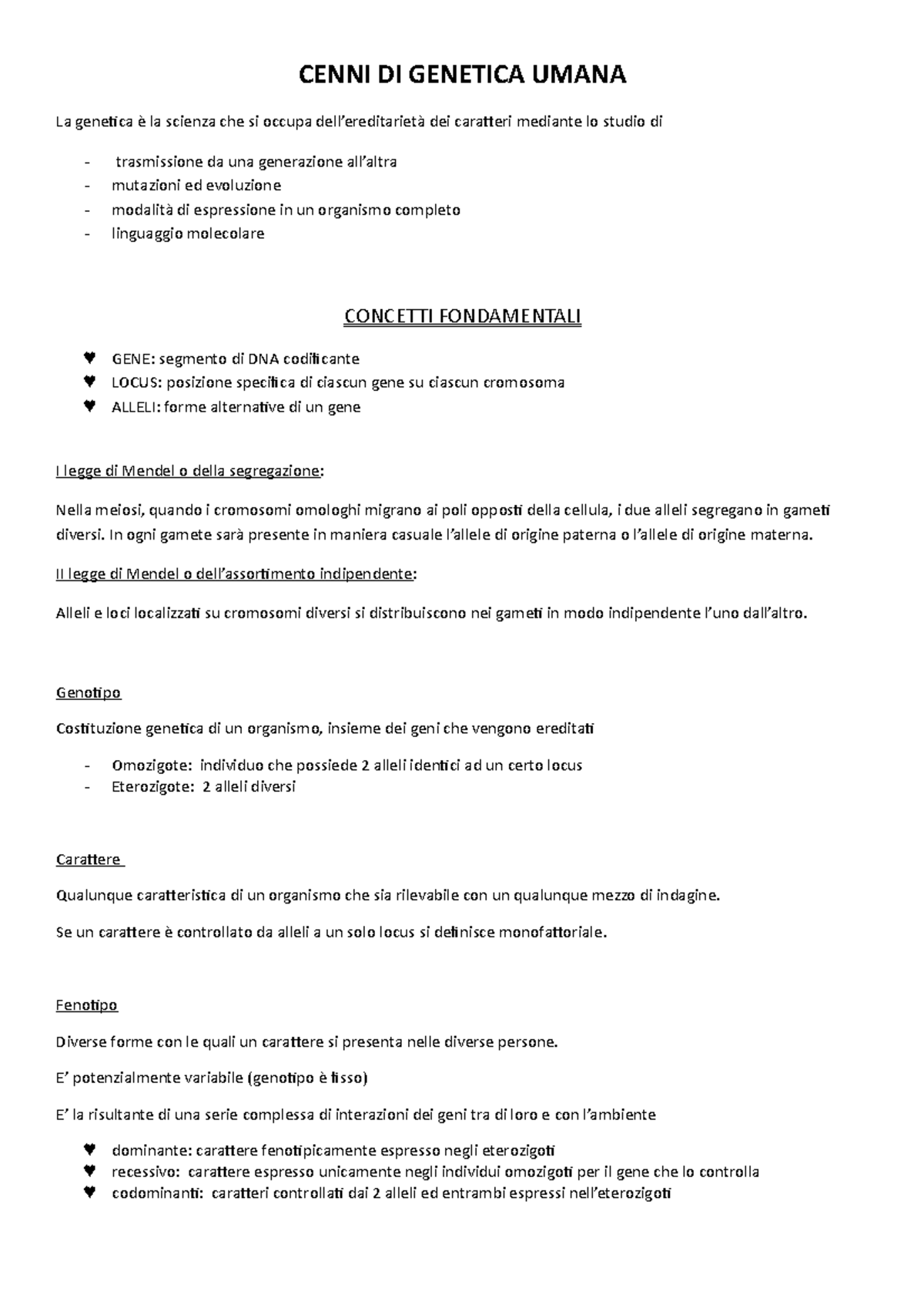 Genetica Medica 1 - RIASSUNTO - CENNI DI GENETICA UMANA La genetica è ...