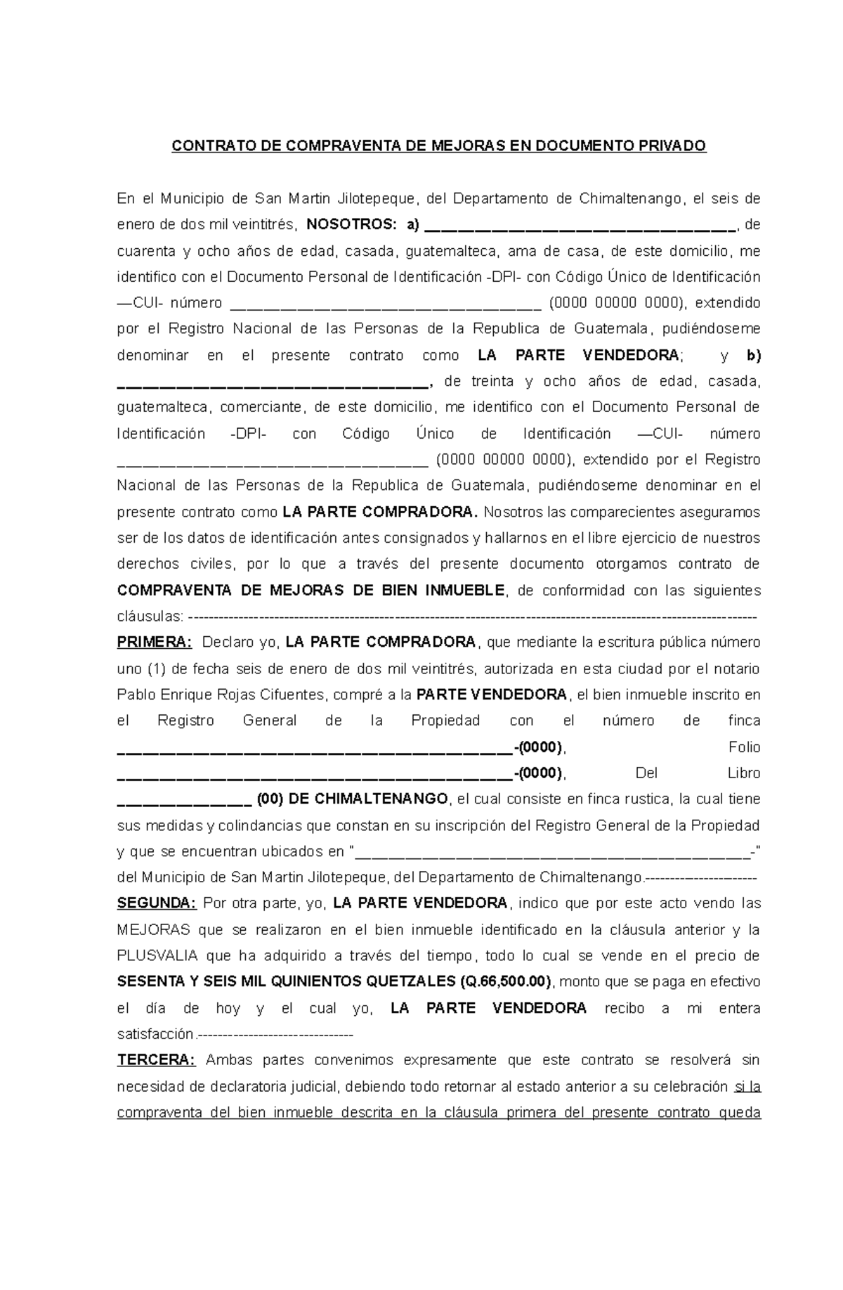 Contrato DE Mejoras Generico - CONTRATO DE COMPRAVENTA DE MEJORAS EN ...