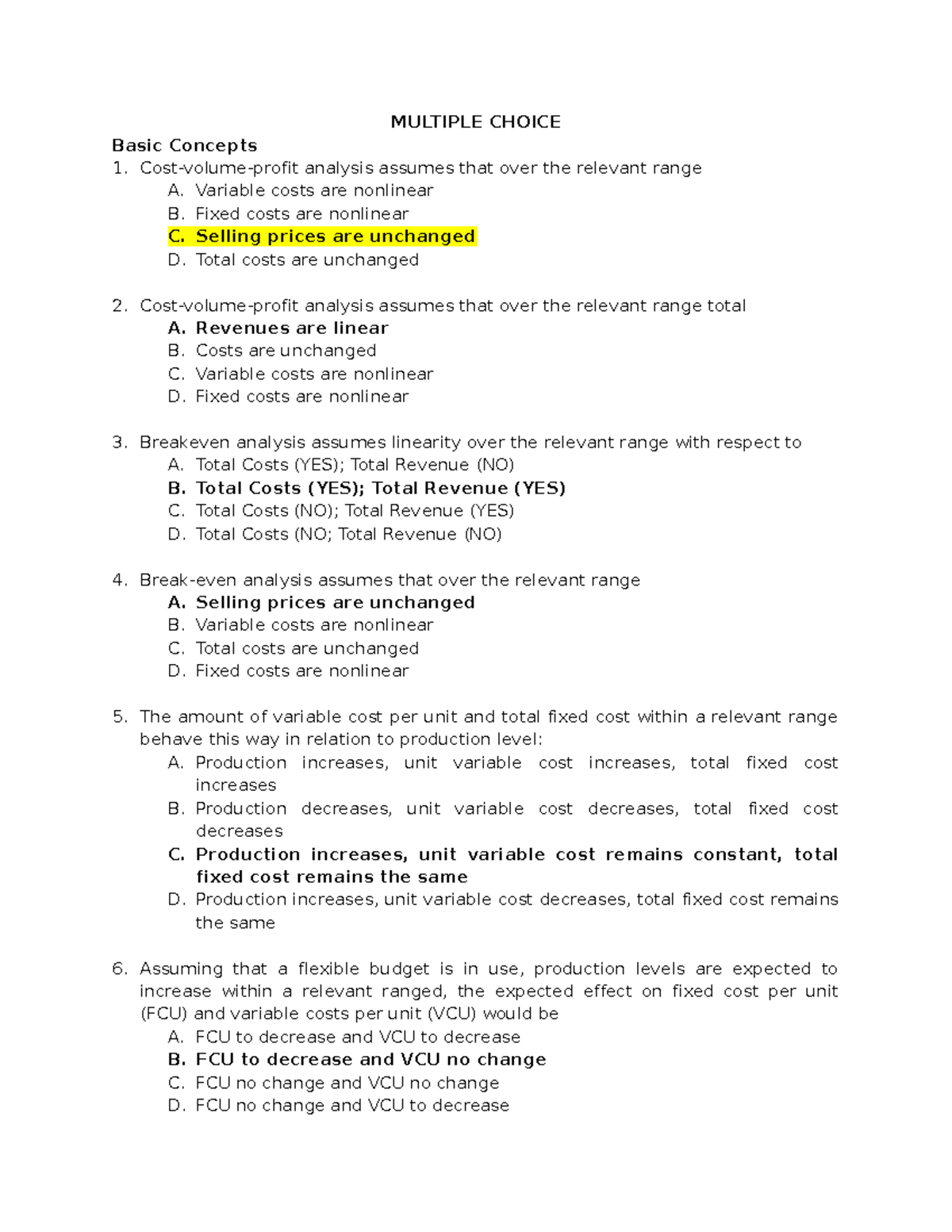 Marginal Costing and CVP Analysis - MULTIPLE CHOICE Basic Concepts Cost-volume-profit analysis ...