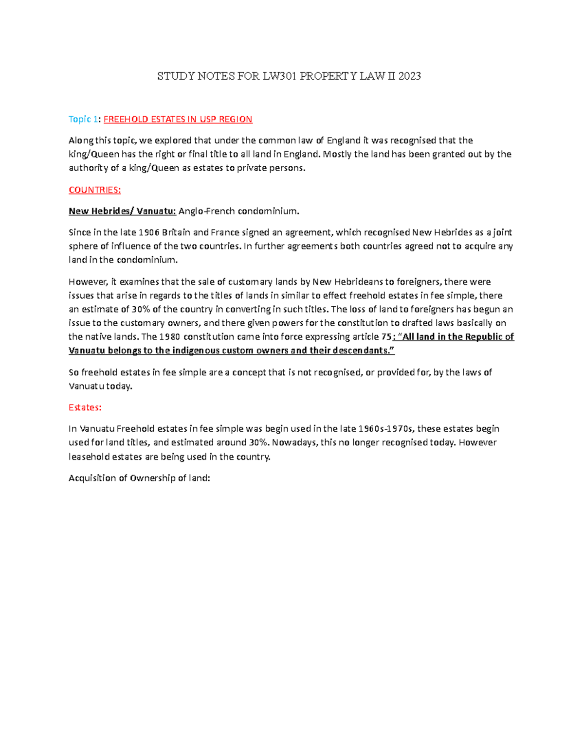 Countries - notes for revisions - Property Law - STUDY NOTES FOR LW301 ...
