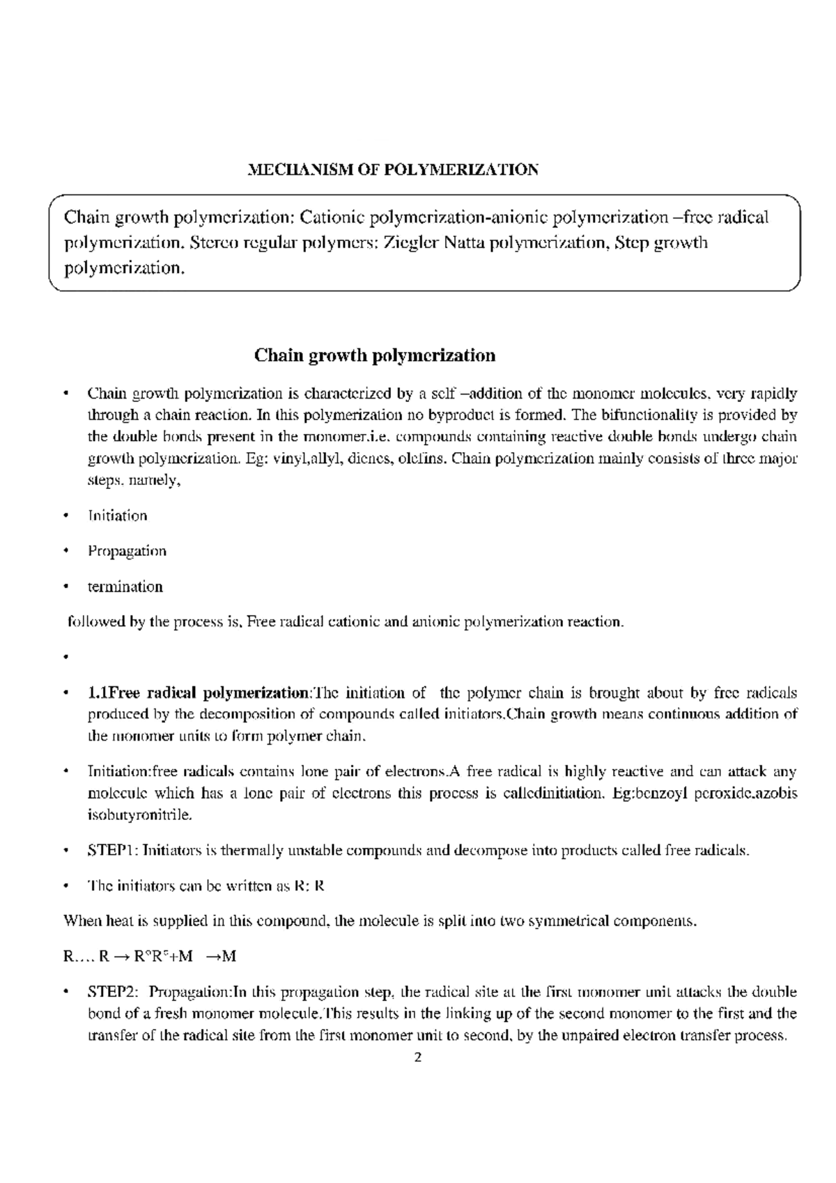 Mechanism of polymerization - organic chemistry - Studocu
