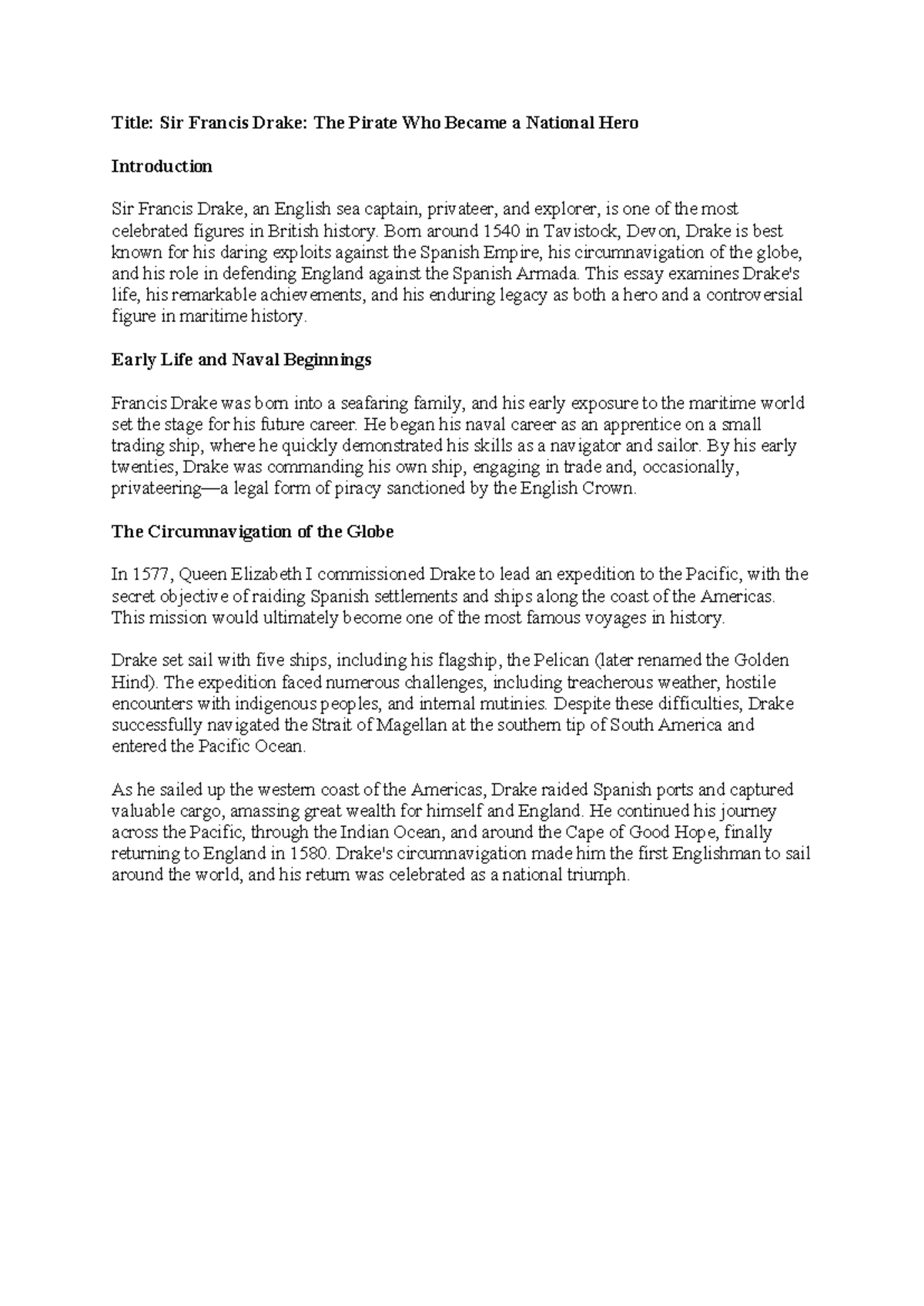 Sir francis - essay on early life - Title: Sir Francis Drake: The ...