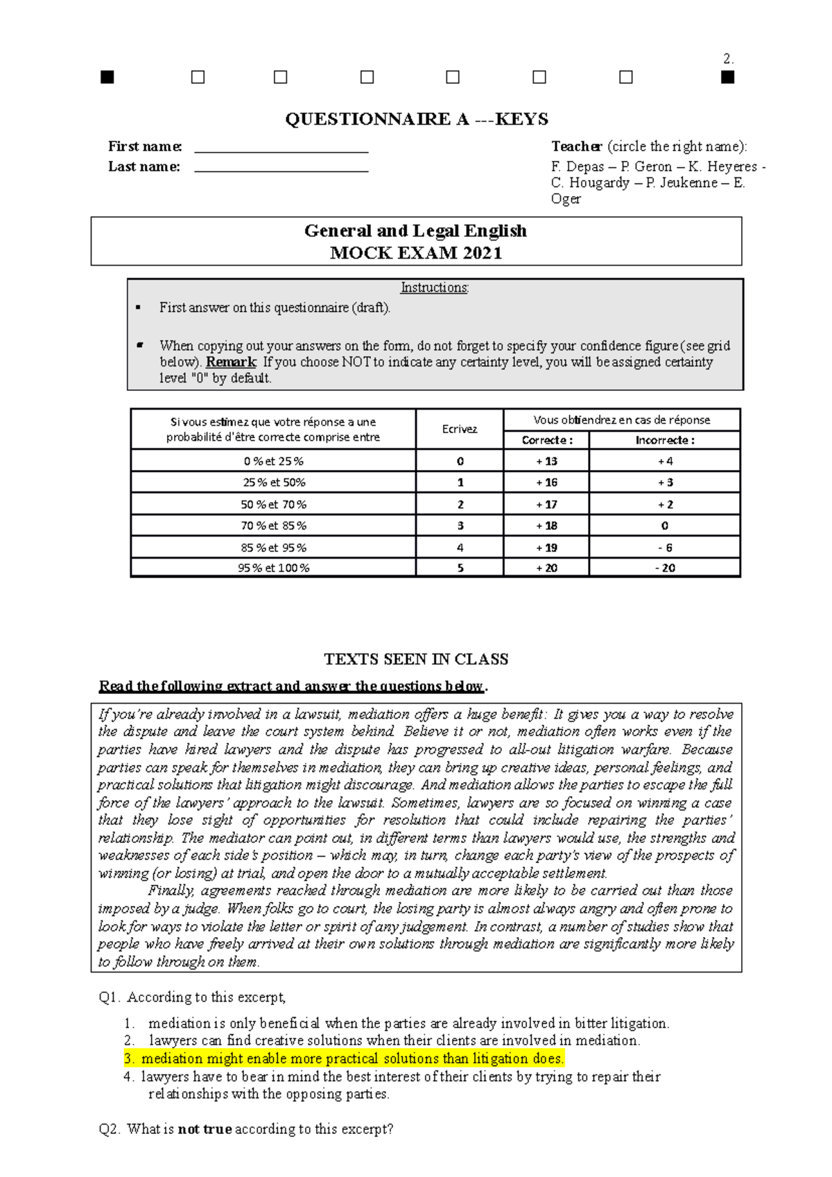 21-22- Mock exam - January - Keys - QUESTIONNAIRE A -KEYS First name ...