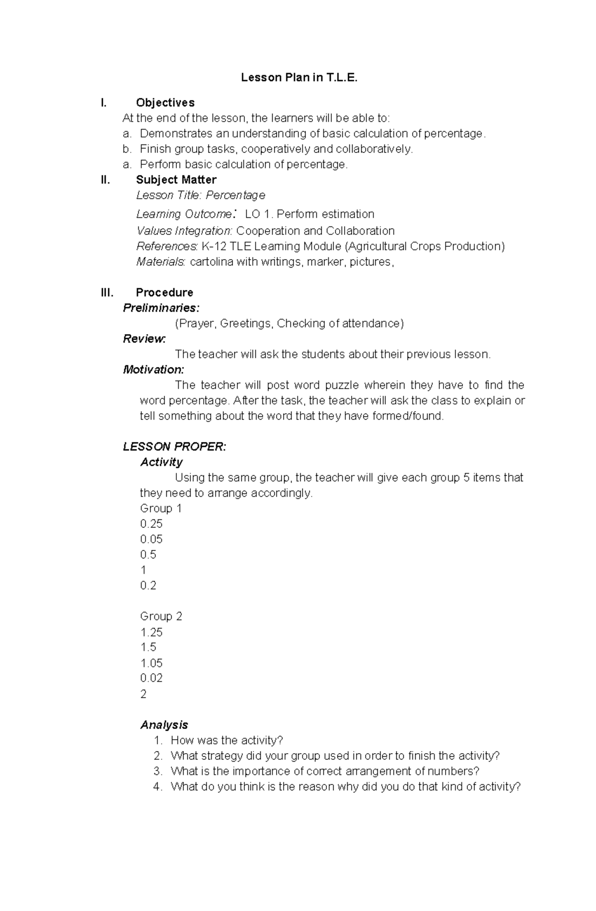 A Semi-detailed lesson plan in TLE about percentage - Lesson Plan in T ...