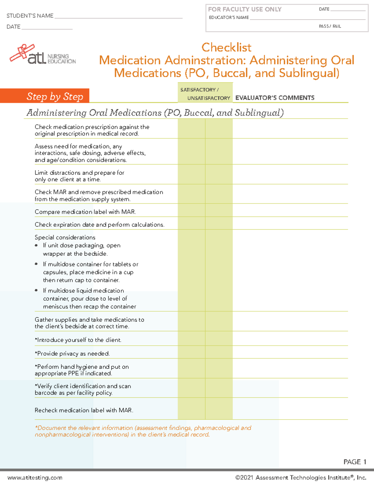 Ati Medication Administration Administering Oral Medications checklist ...