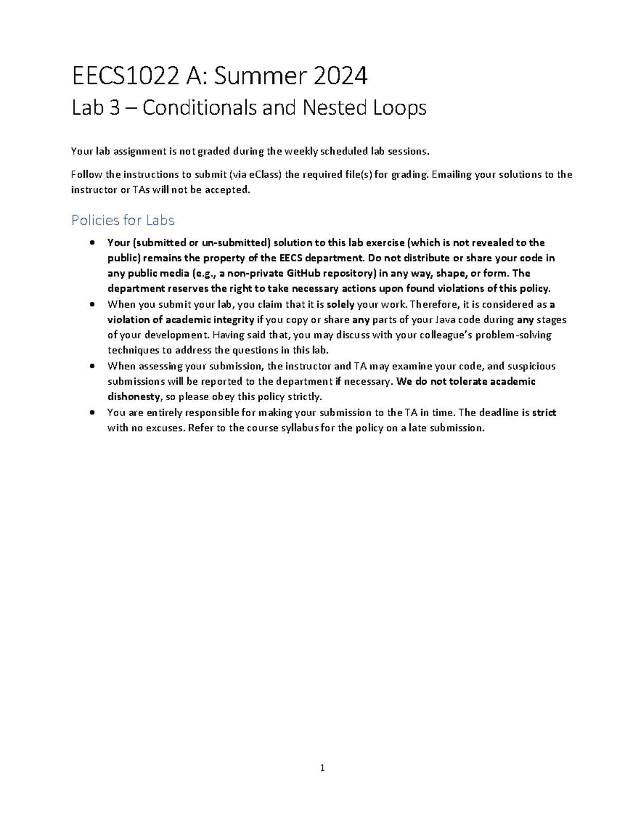 Lab3-1 - Practise materials - EECS1022 A: Summer 2024 Lab 3 – Conditionals and Nested Loops Your ...