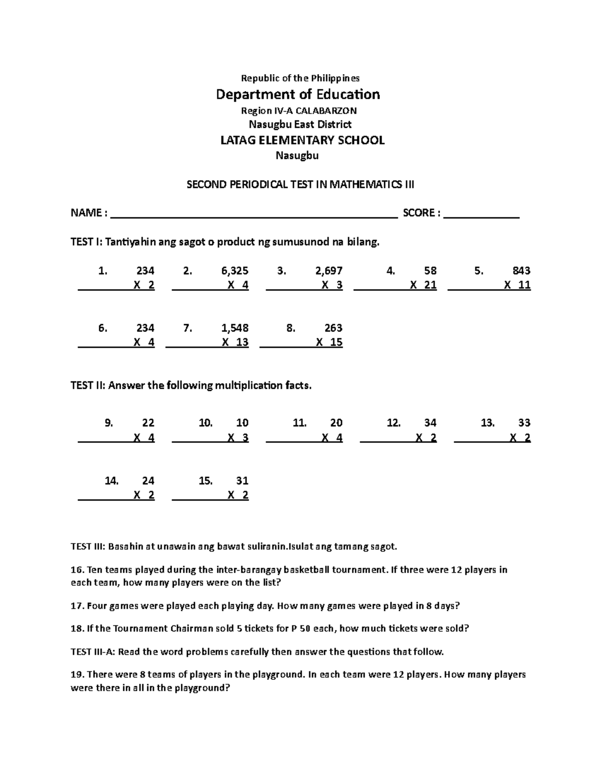 Mathematics 3 PT Q2 - Republic of the Philippines Department of ...