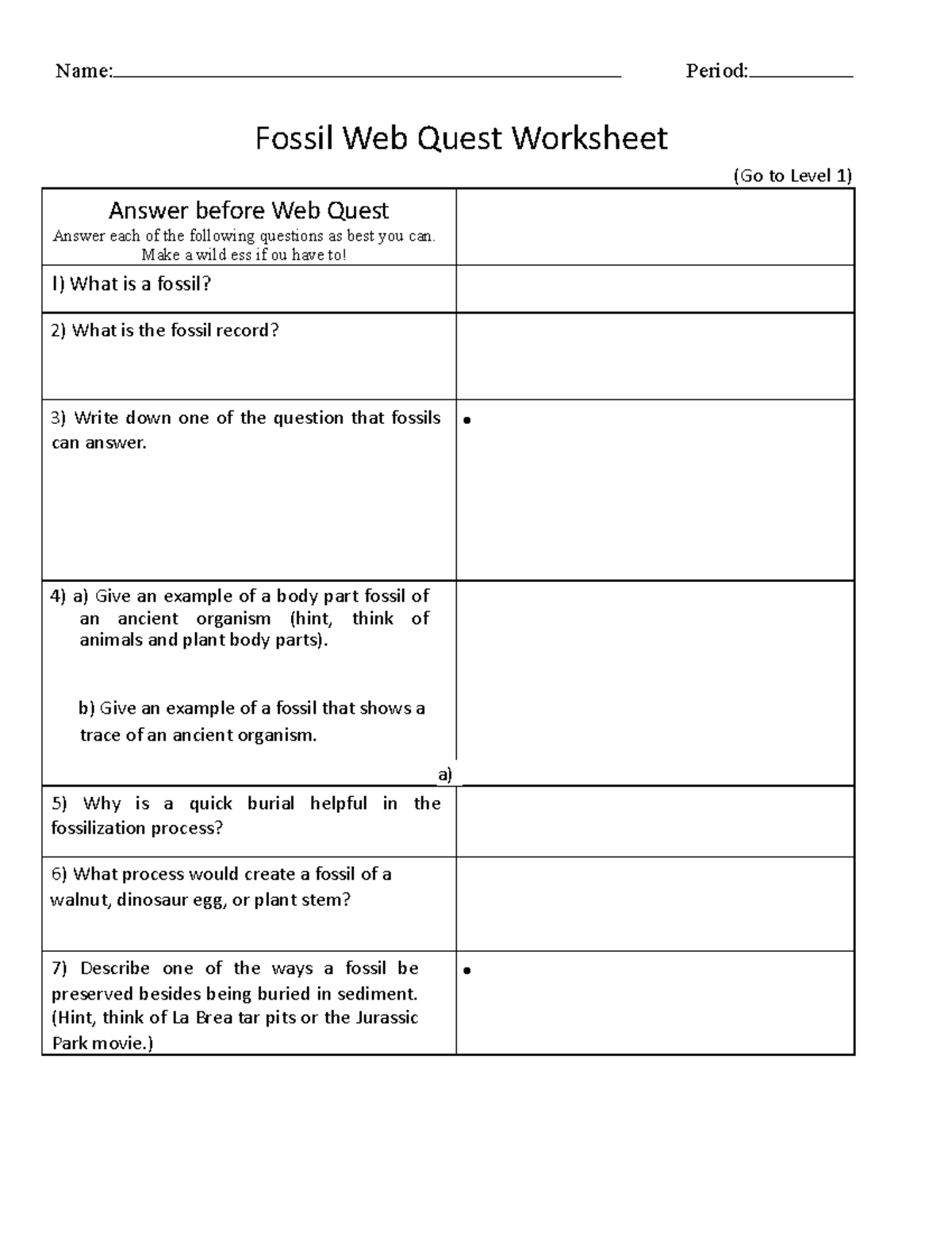 Fossil Web Quest - Name: Period: Fossil Web Quest Worksheet (Go to ...