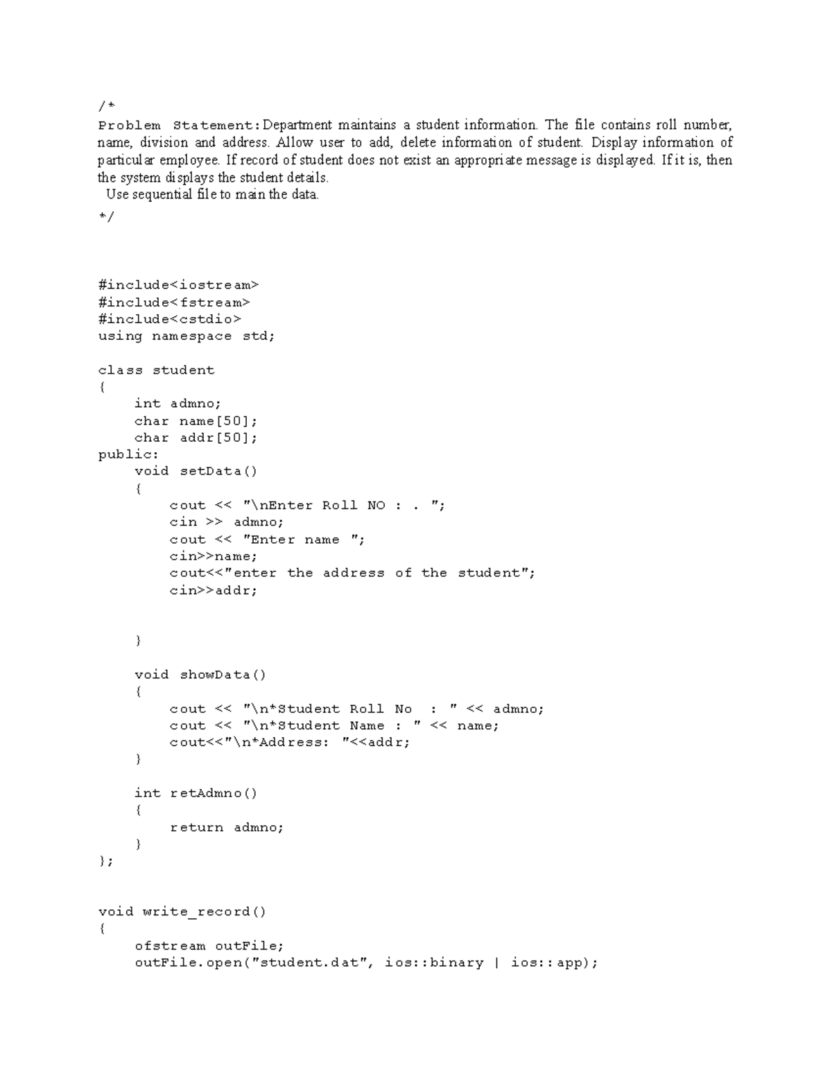 ASSG 12 - dsa - /* Problem Statement:Department maintains a student information. The file ...