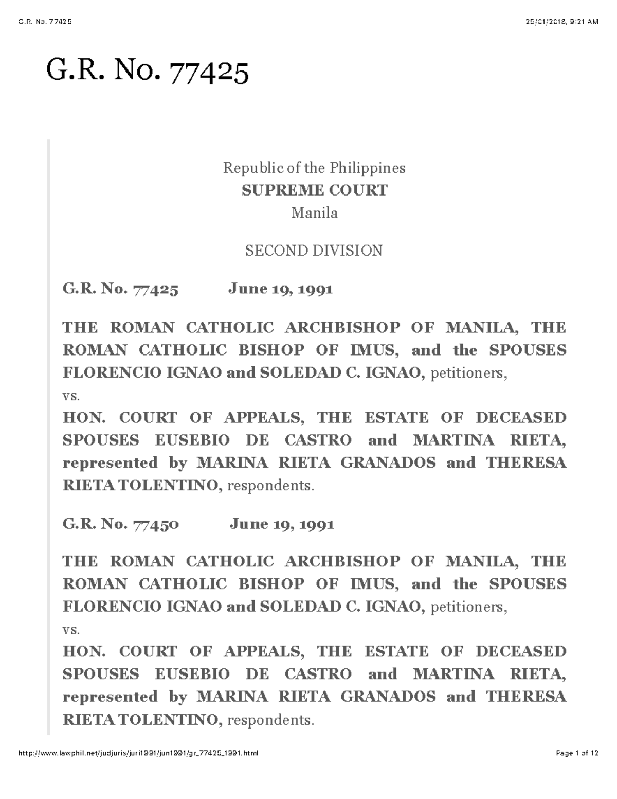 21 Roman Catholic Archbishop of Manila v CA - G. No. 77425 Republic of ...